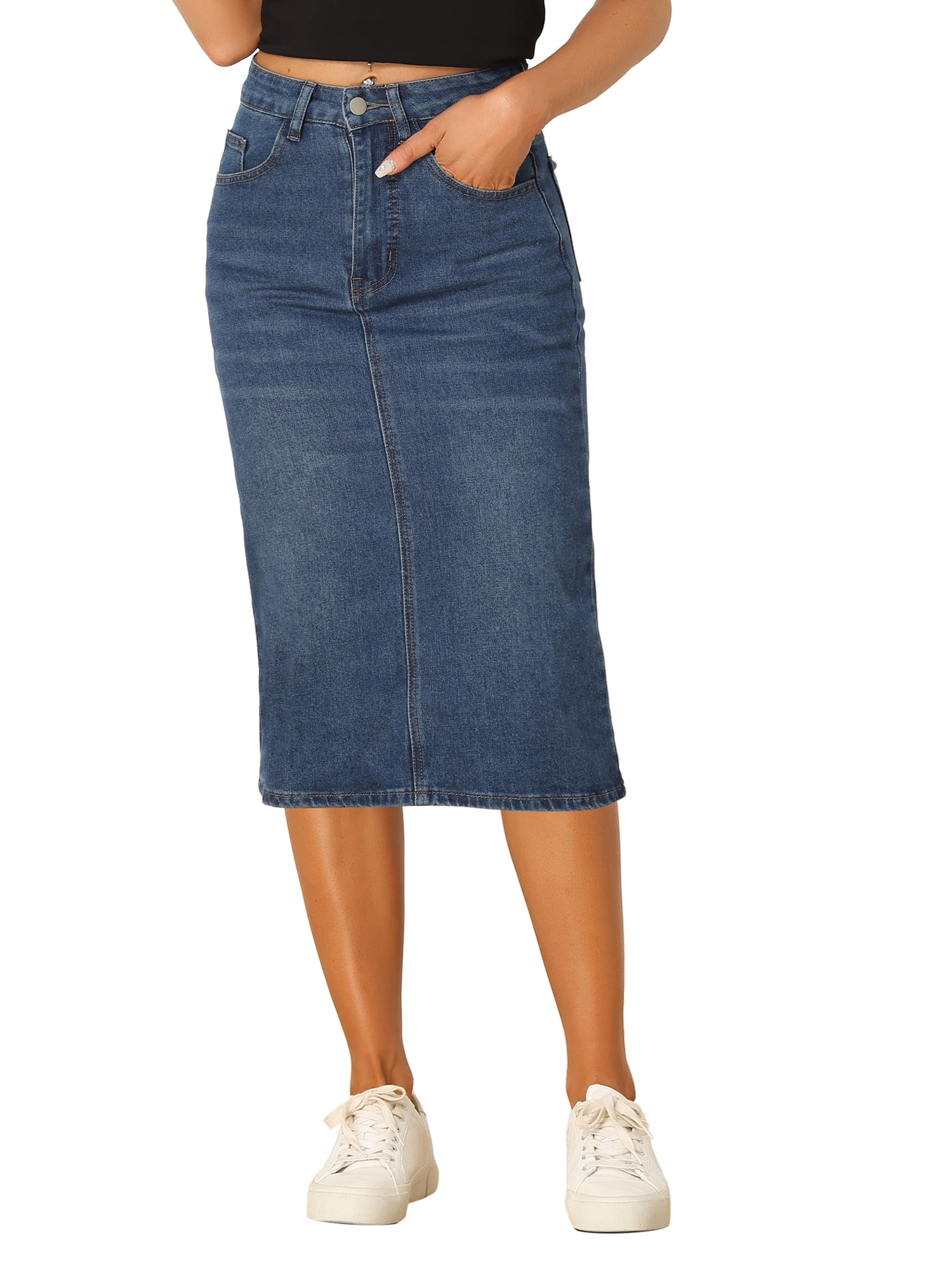 Allegra K Casual Denim Skirt for Women's High Waist Stretchy Midi Jean ...