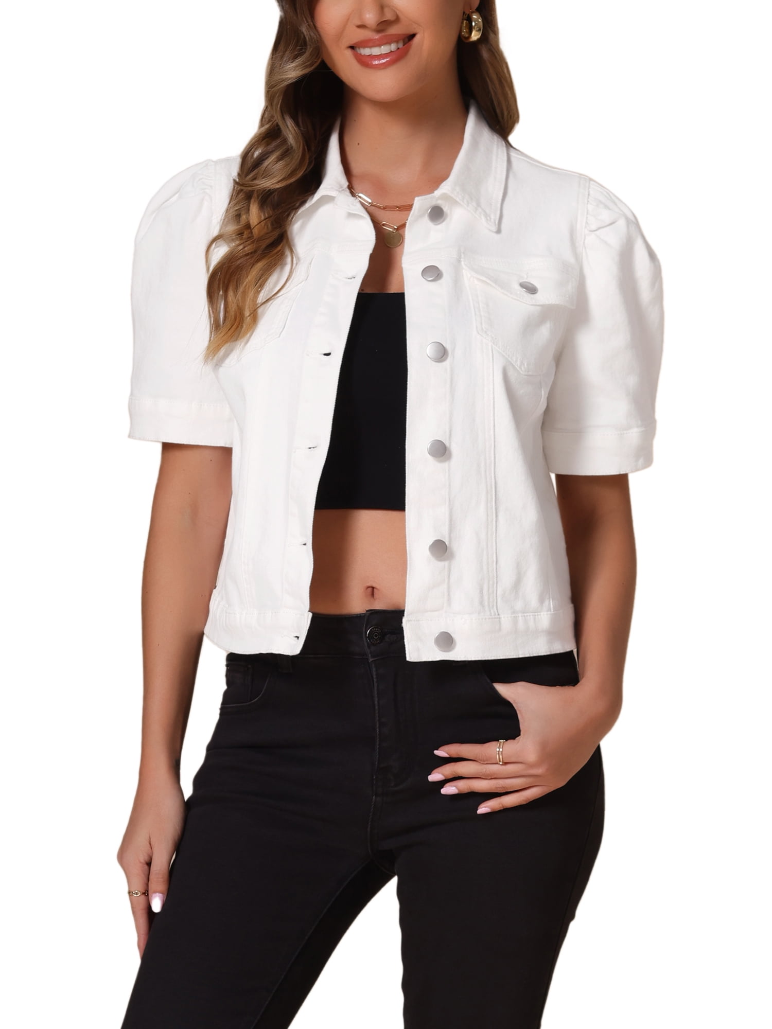 INSPIRE CHIC Women's Denim Jacket Short Puff Sleeves Turndown Collar ...