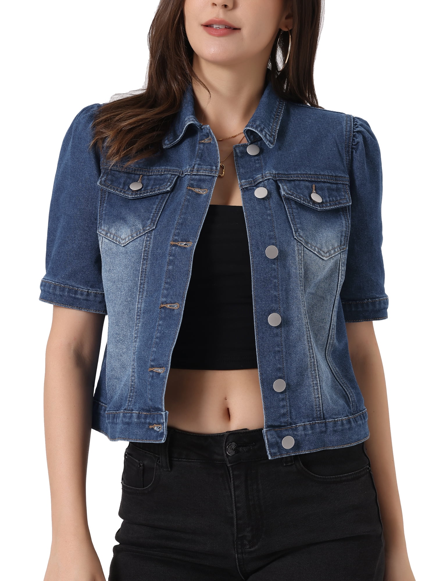 Casual Jean Jacket for Women's Short Puff Sleeves Button-Down Denim ...