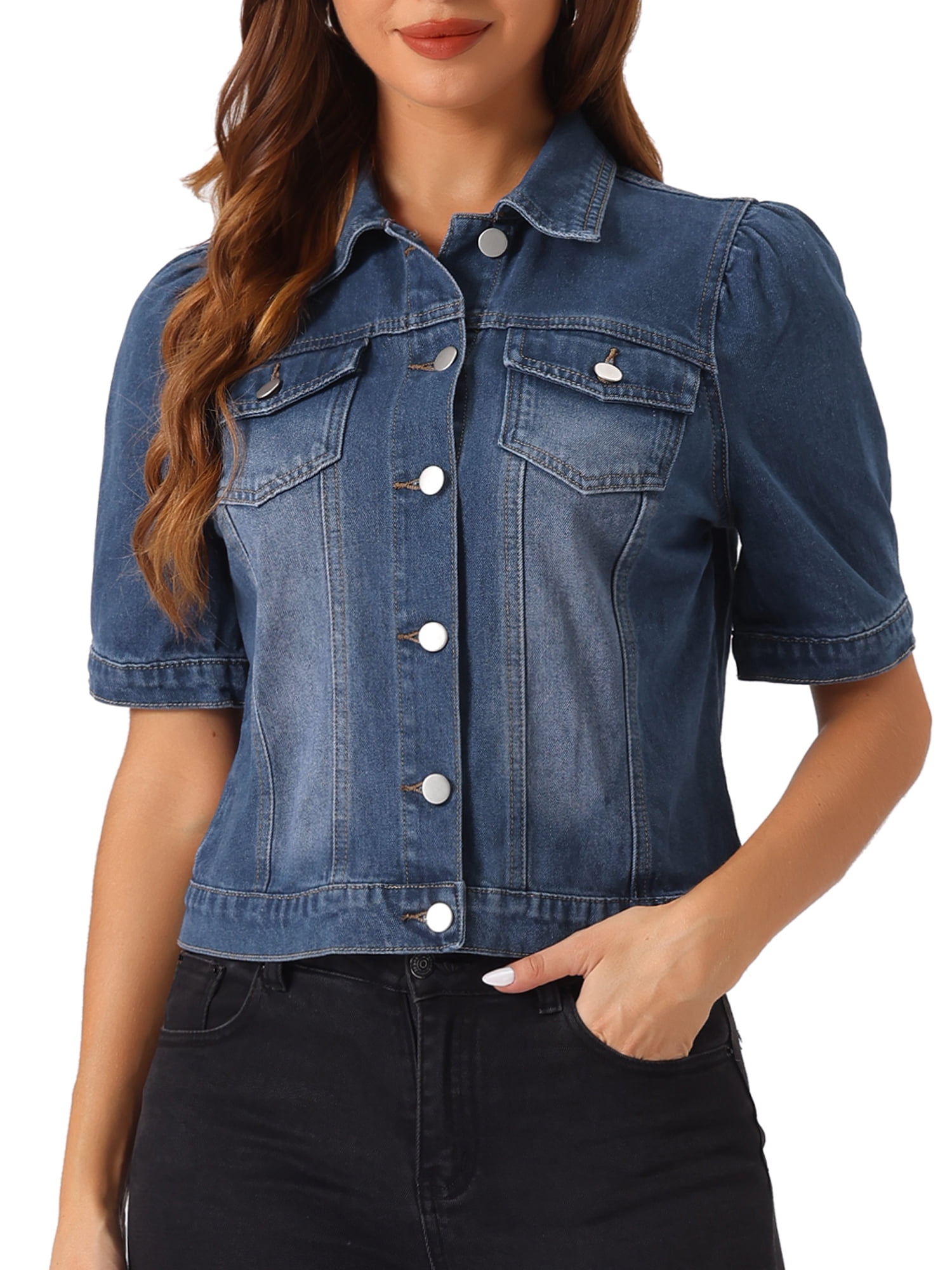 INSPIRE CHIC Women's Denim Jacket Short Puff Sleeves Turndown Collar ...