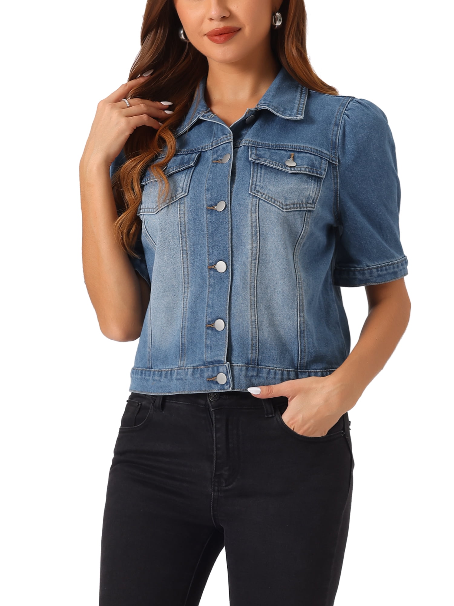 INSPIRE CHIC Casual Jean Jacket for Women's Short Puff Sleeves Button ...