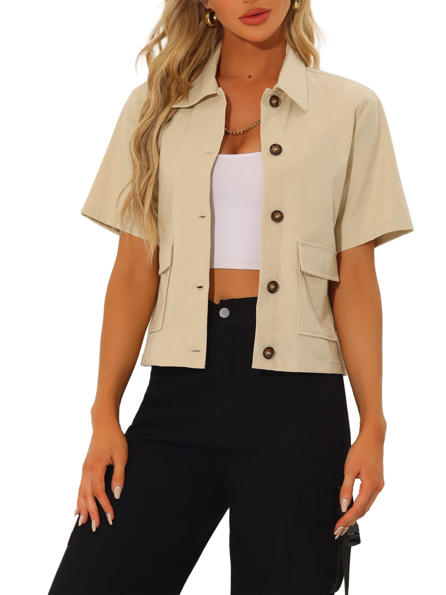 INSPIRE CHIC Casual Linen Jackets for Women's Turndown Collar Short ...