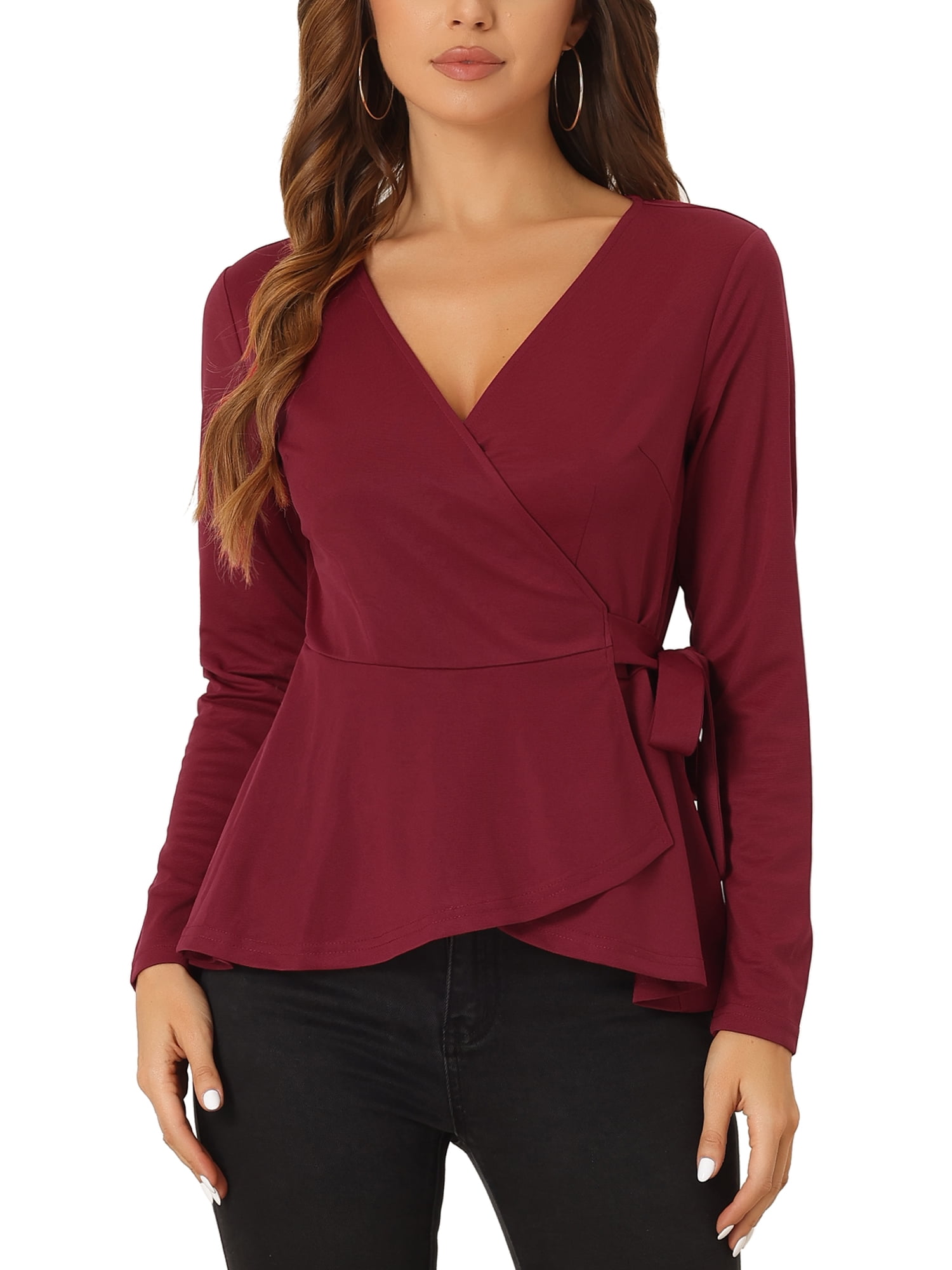 INSPIRE CHIC Women's Wrap Peplum Tops V Neck Long Sleeves Casual Knit ...