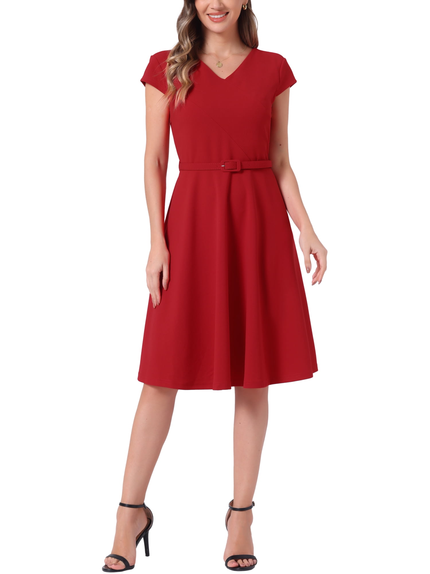 INSPIRE CHIC Cocktail Dresses for Women's Belted V Neck Cap Sleeve ...