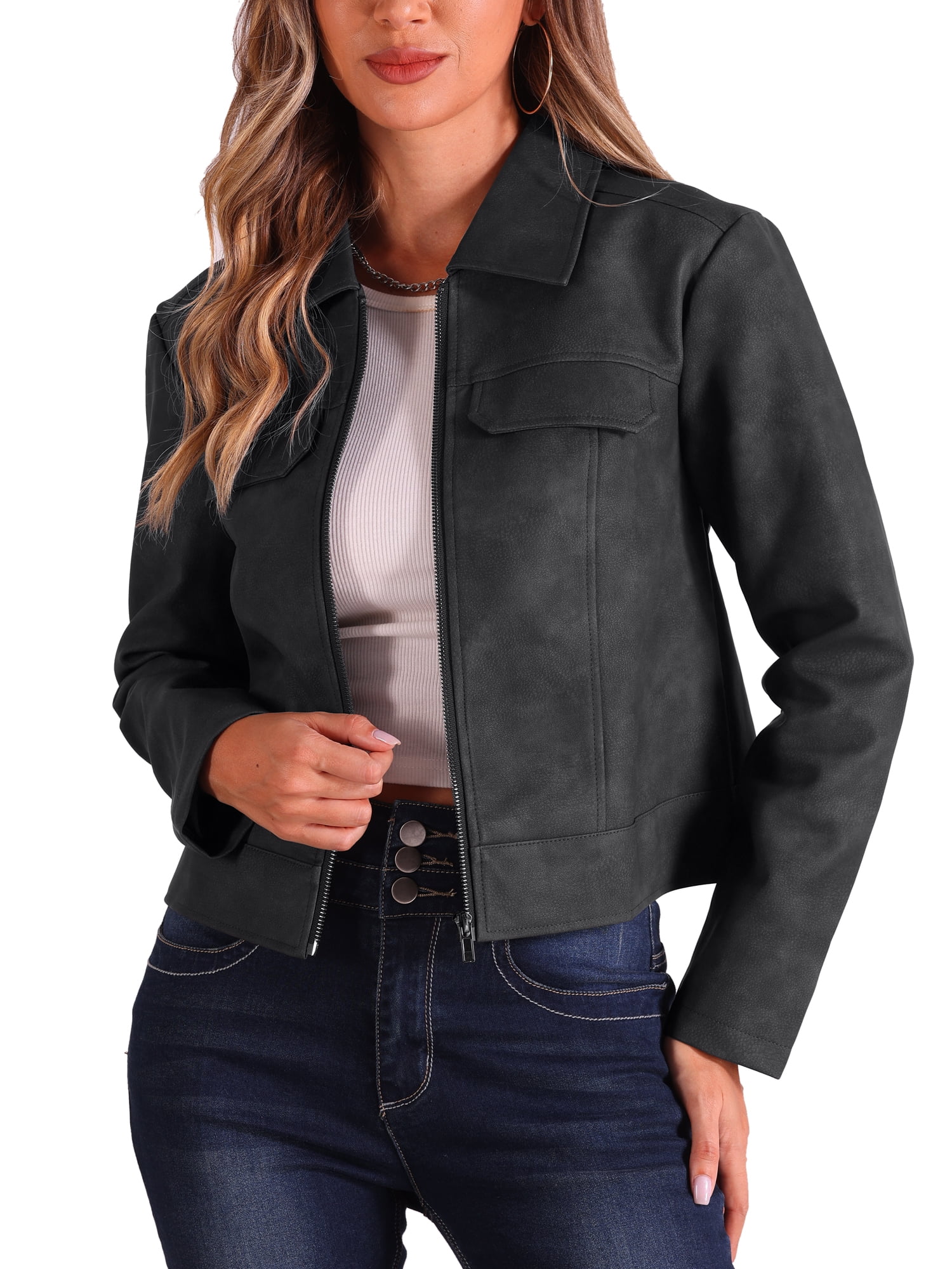 Allegra K Collar Jacket for Women's Faux Leather Zip Long Sleeve Casual ...
