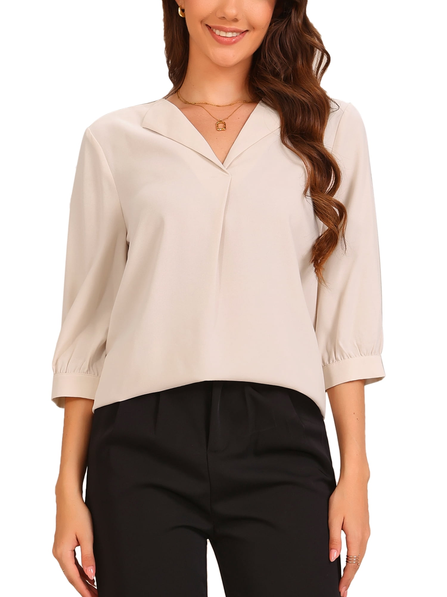 INSPIRE CHIC Collar Relaxed Blouse for Women's 3/4 Sleeve V Neck Casual ...