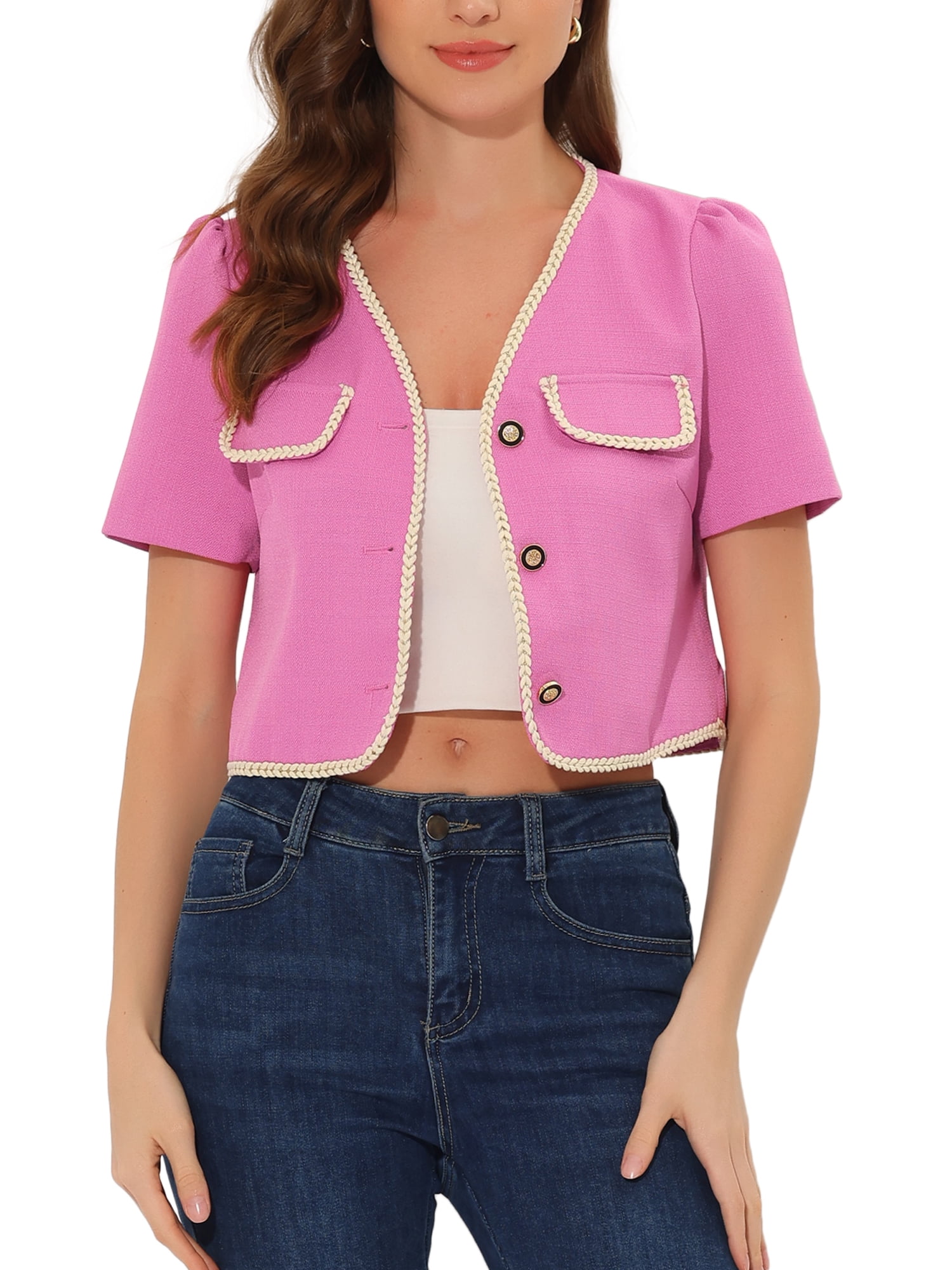 Allegra K Contrast Trim Jacket for Women's V Neck Short Sleeve Single ...