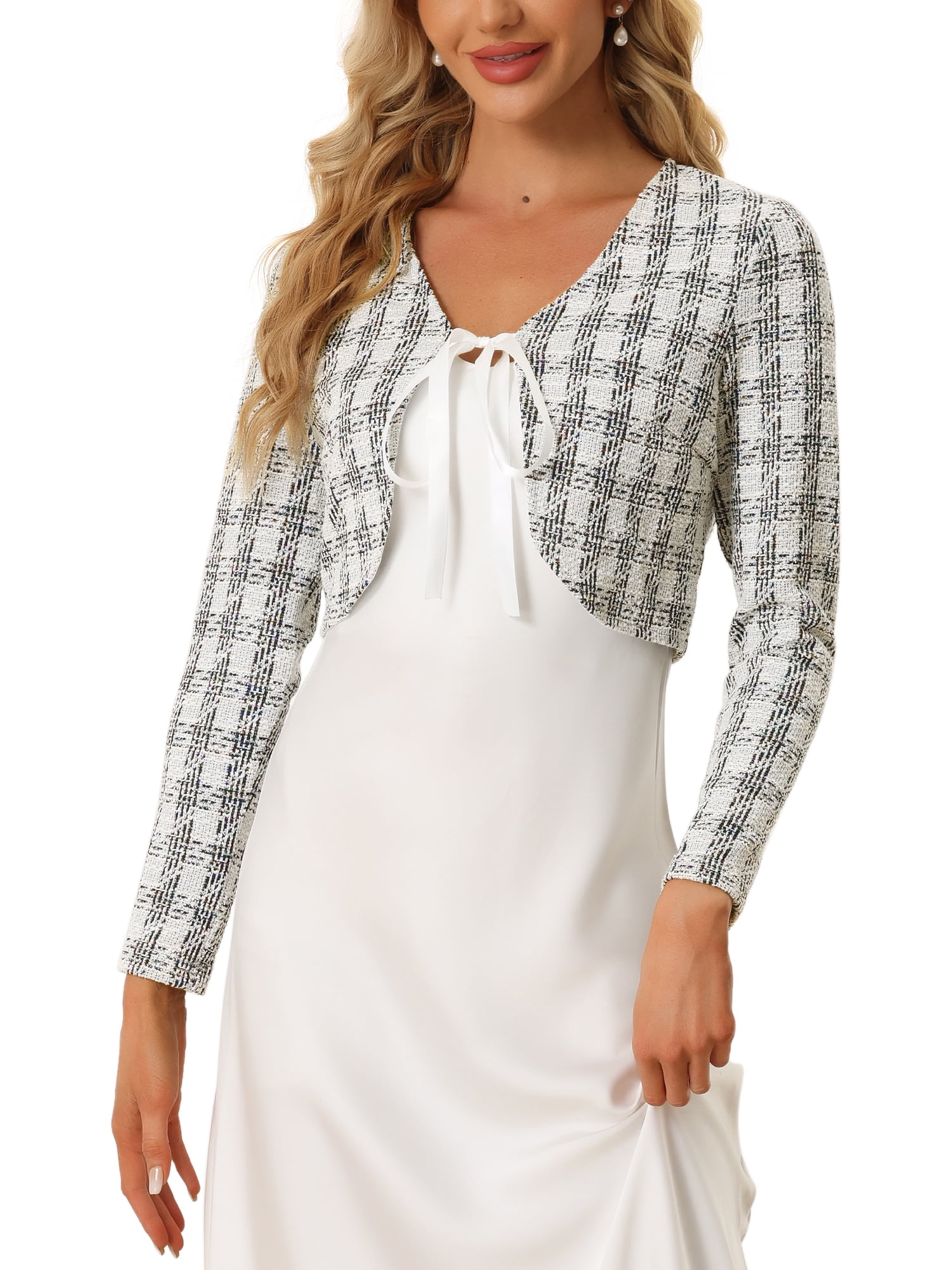 INSPIRE CHIC Crop Jacket for Women's Open Front Long Sleeve Plaid Tweed ...