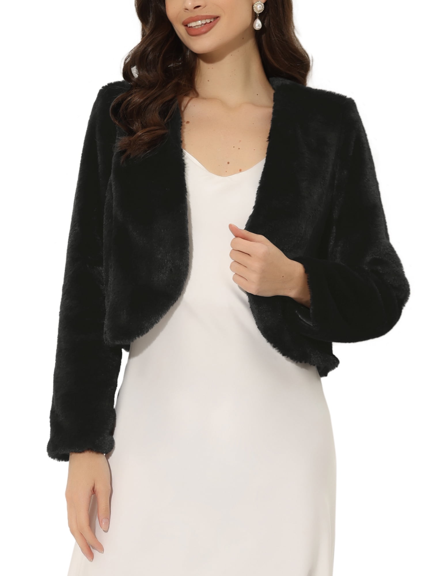 INSPIRE CHIC Cropped Open Front Jacket for Women's Faux Fur Long Sleeve ...