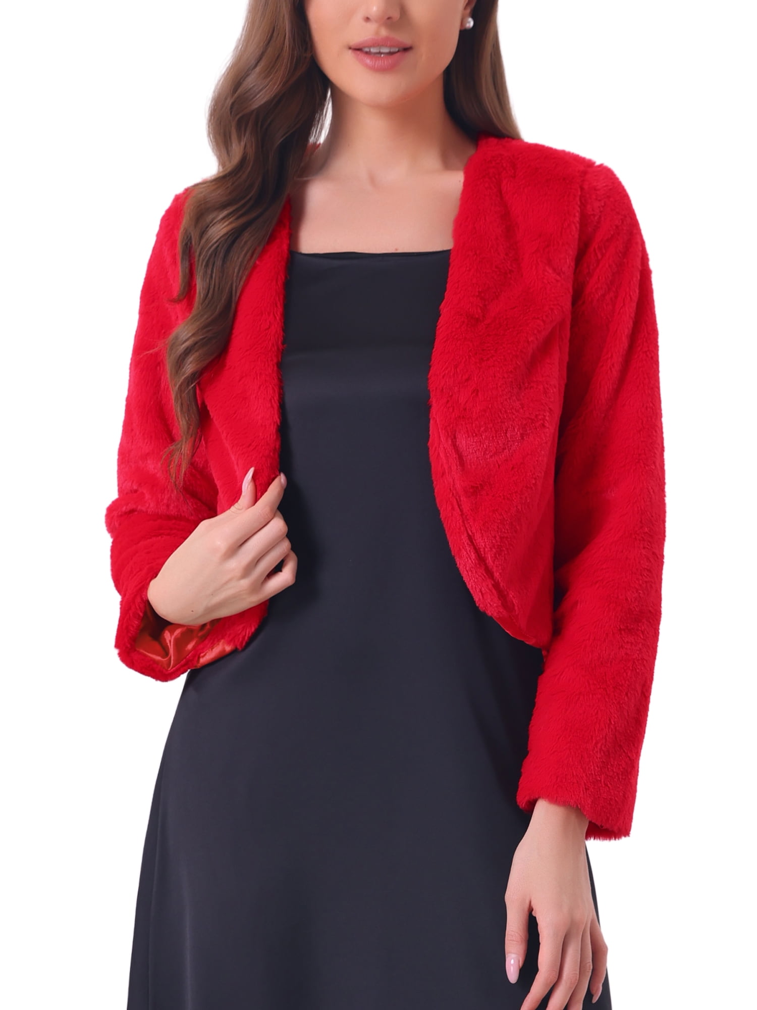 Allegra K Cropped Open Front Jacket for Women's Faux Fur Long Sleeve ...