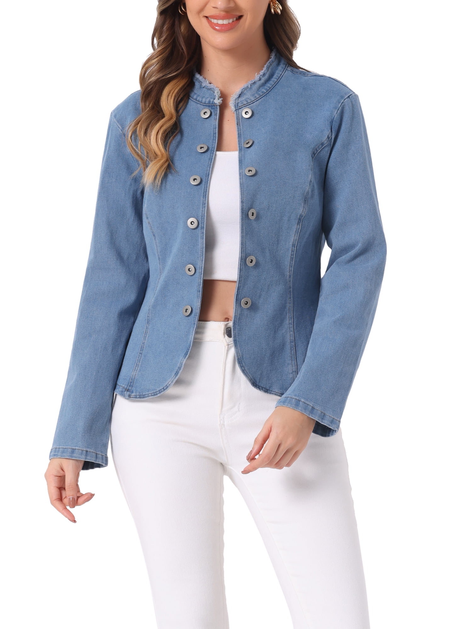 INSPIRE CHIC Denim Blazer for Women's Open Front Distressed Stand Collar Jeans Jacket L Light ...