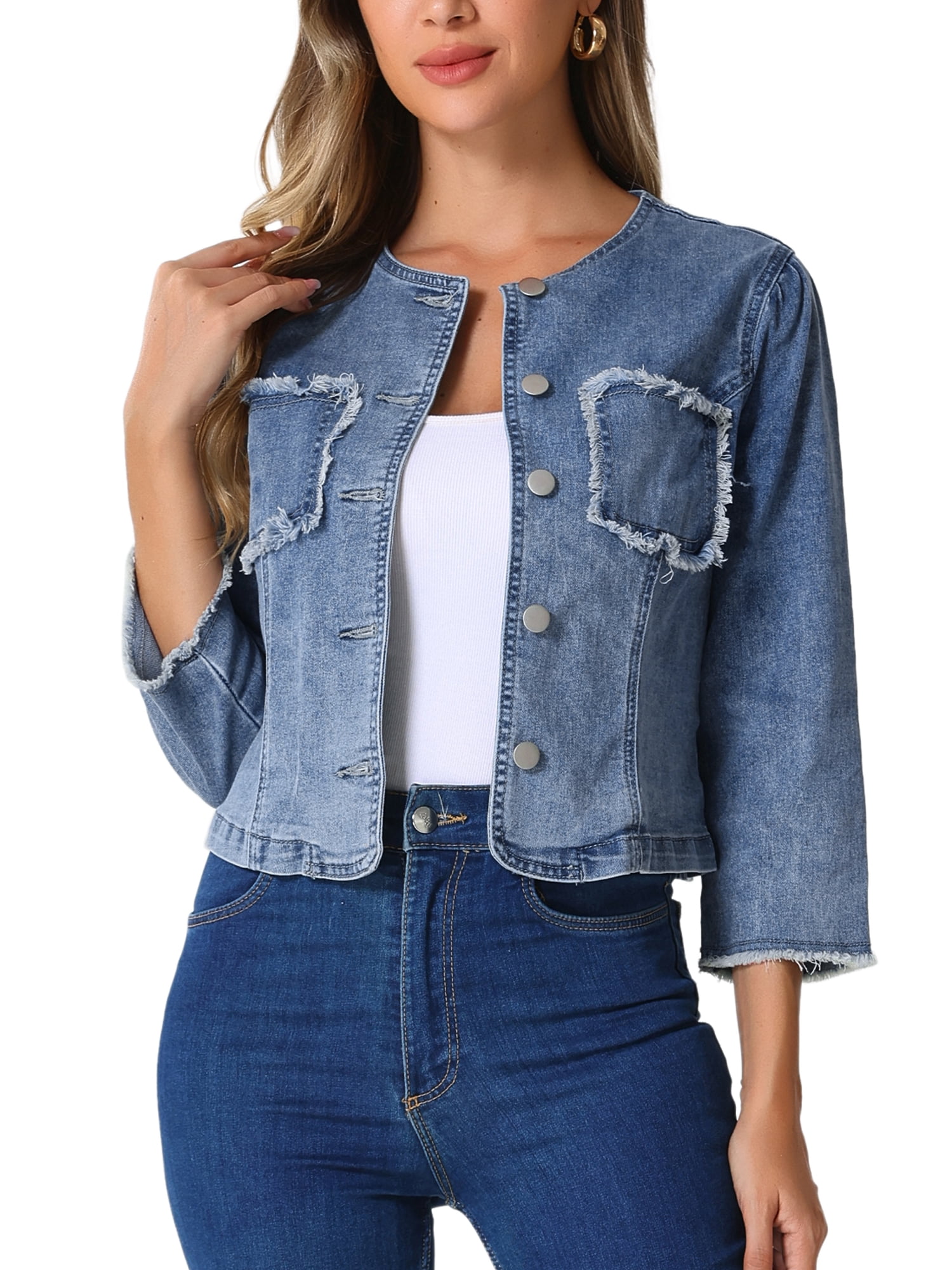 INSPIRE CHIC Denim Crop Jacket for Women’s Round Neck 3/4 Sleeves ...