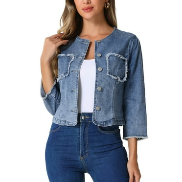INSPIRE CHIC Women's Denim Jacket Button Down Peplum Hem Long Sleeve Cropped Washed Jean Jacket ...