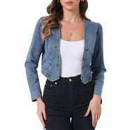 INSPIRE CHIC Women's Denim Jacket Button Down Peplum Hem Long Sleeve Cropped Washed Jean Jacket ...
