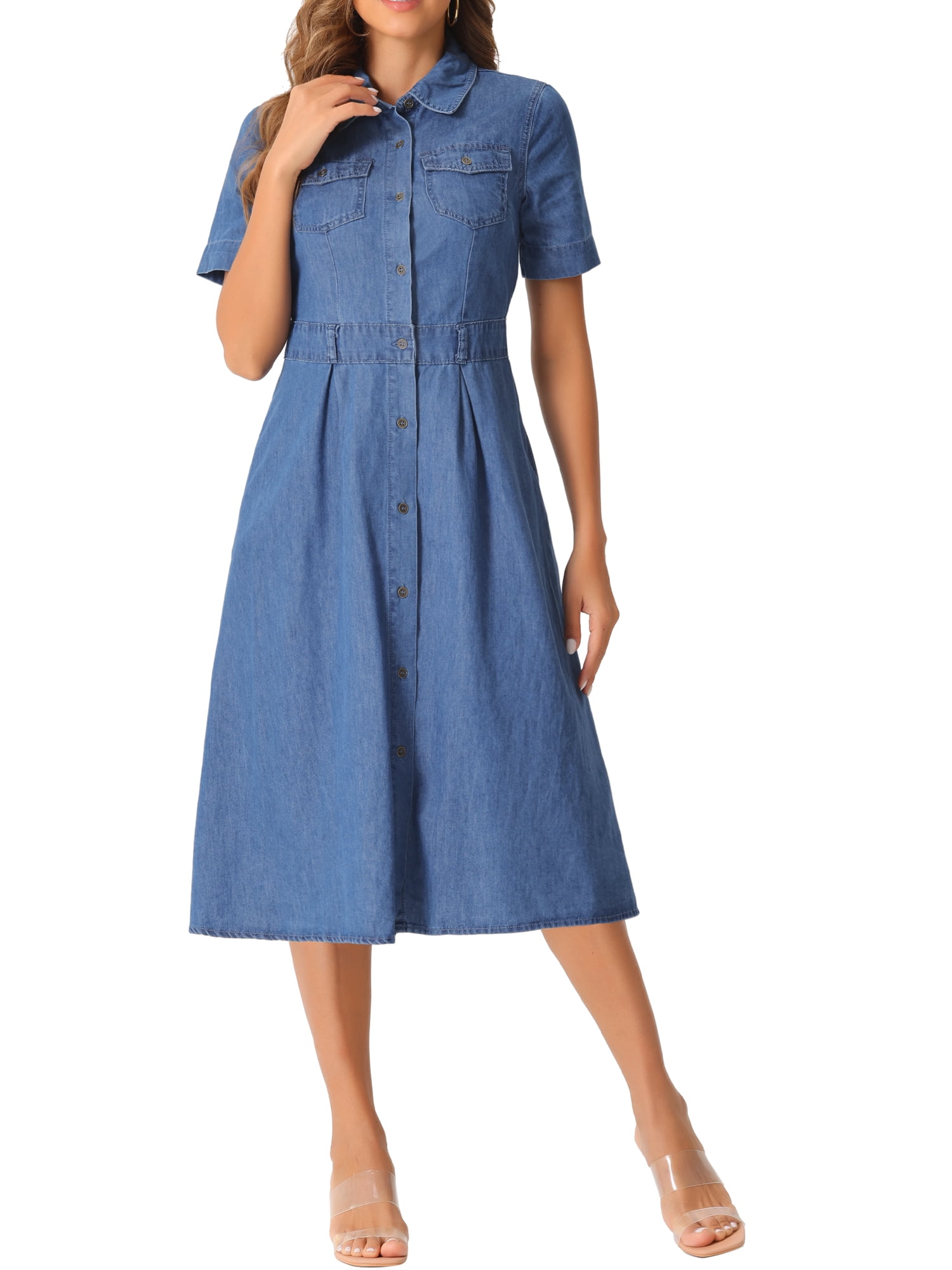 INSPIRE CHIC Women's Denim Dress Short Sleeves Turndown Collar A-Line ...