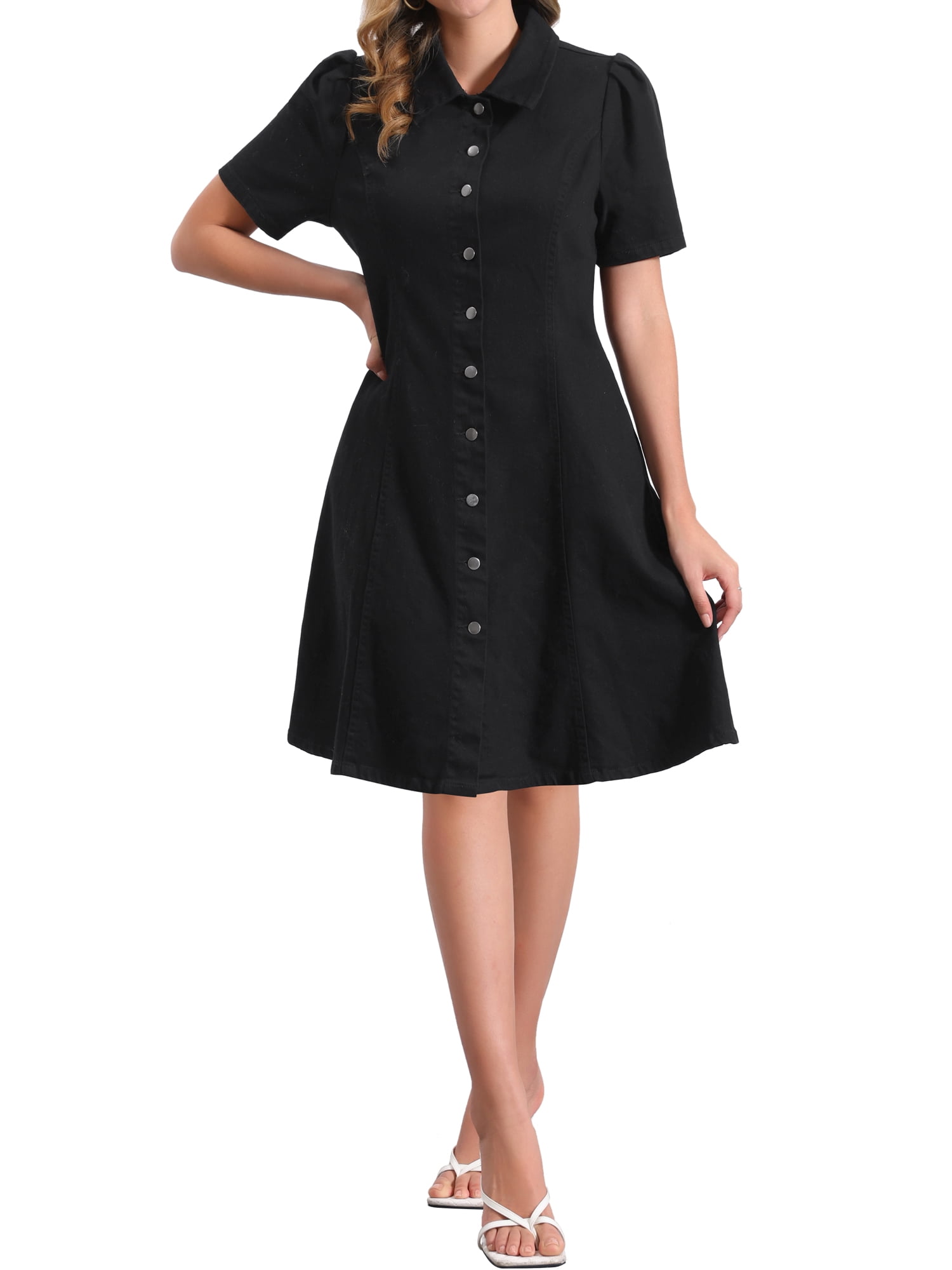 INSPIRE CHIC Women's Denim Dress Puff Short Sleeve Lapel Collar Button ...