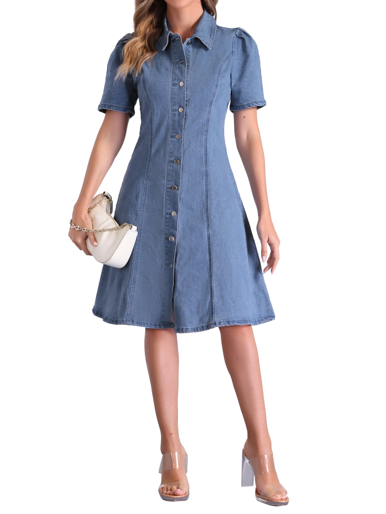 INSPIRE CHIC Women's Denim Dress Puff Short Sleeve Lapel Collar Button ...