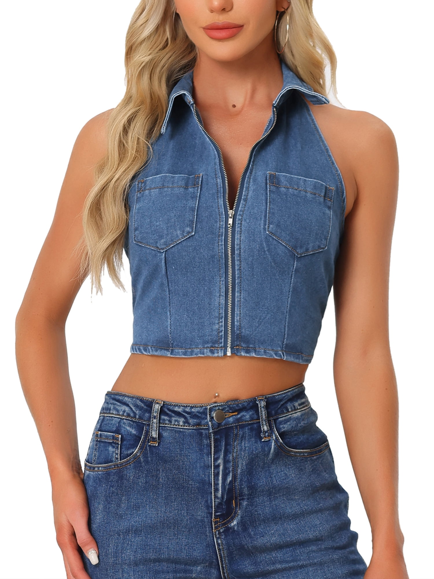 Allegra K Denim Halter Top for Women's Zipper Up Collared Sleeveless ...