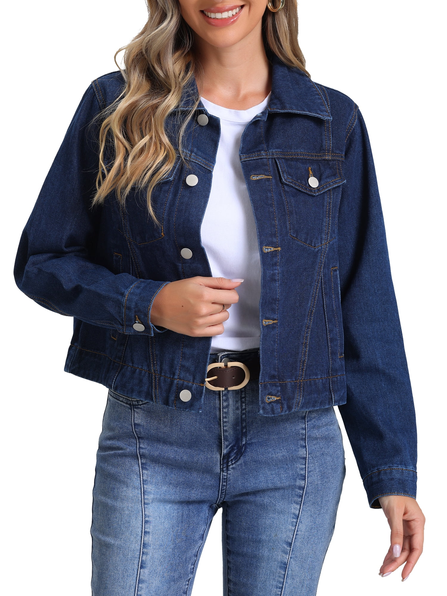 INSPIRE CHIC Denim Jacket for Women's Casual Collar Long Sleeve Button ...