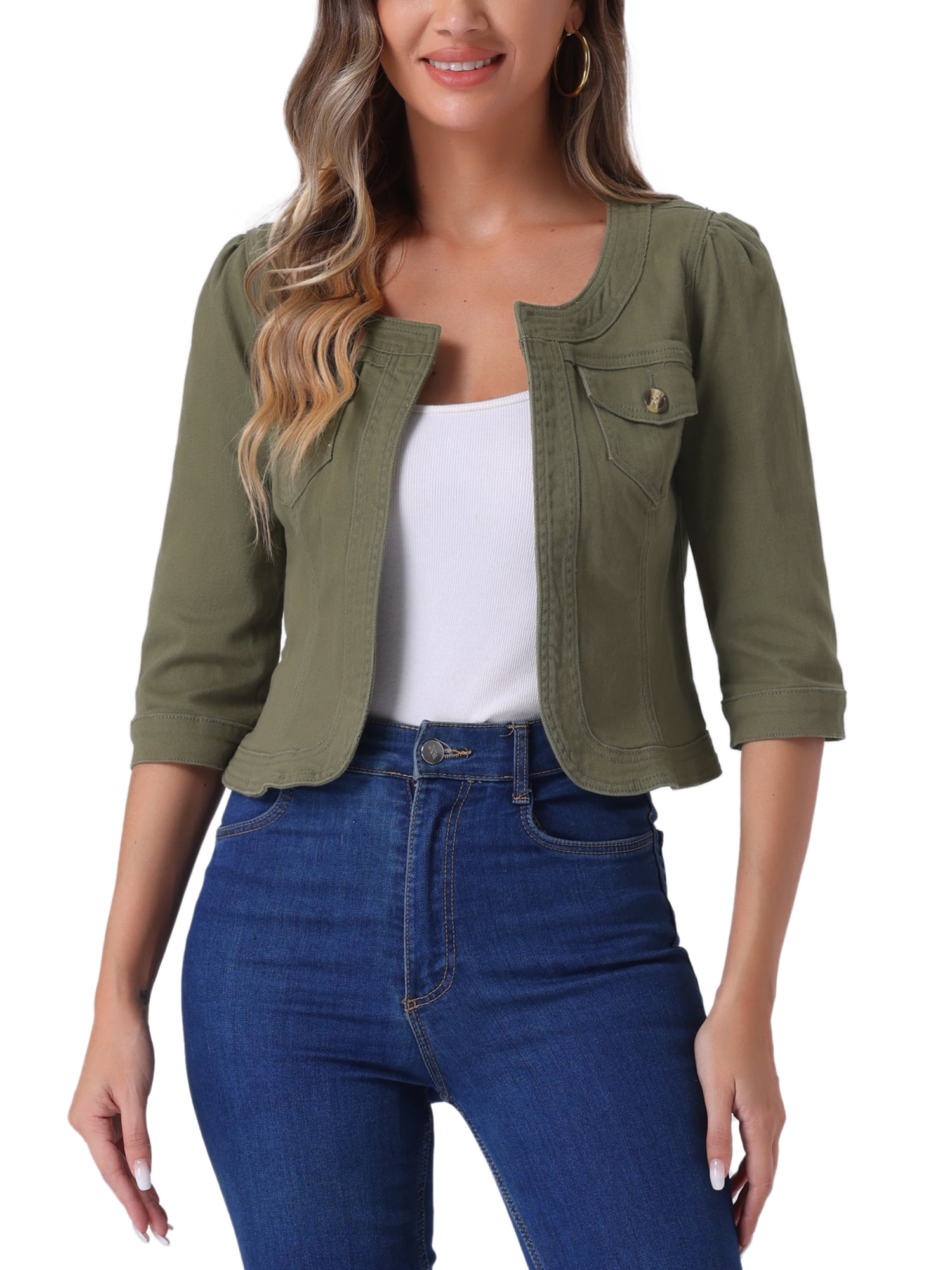 INSPIRE CHIC Women's Round Neck Collarless 3/4 Sleeves Crop Denim ...