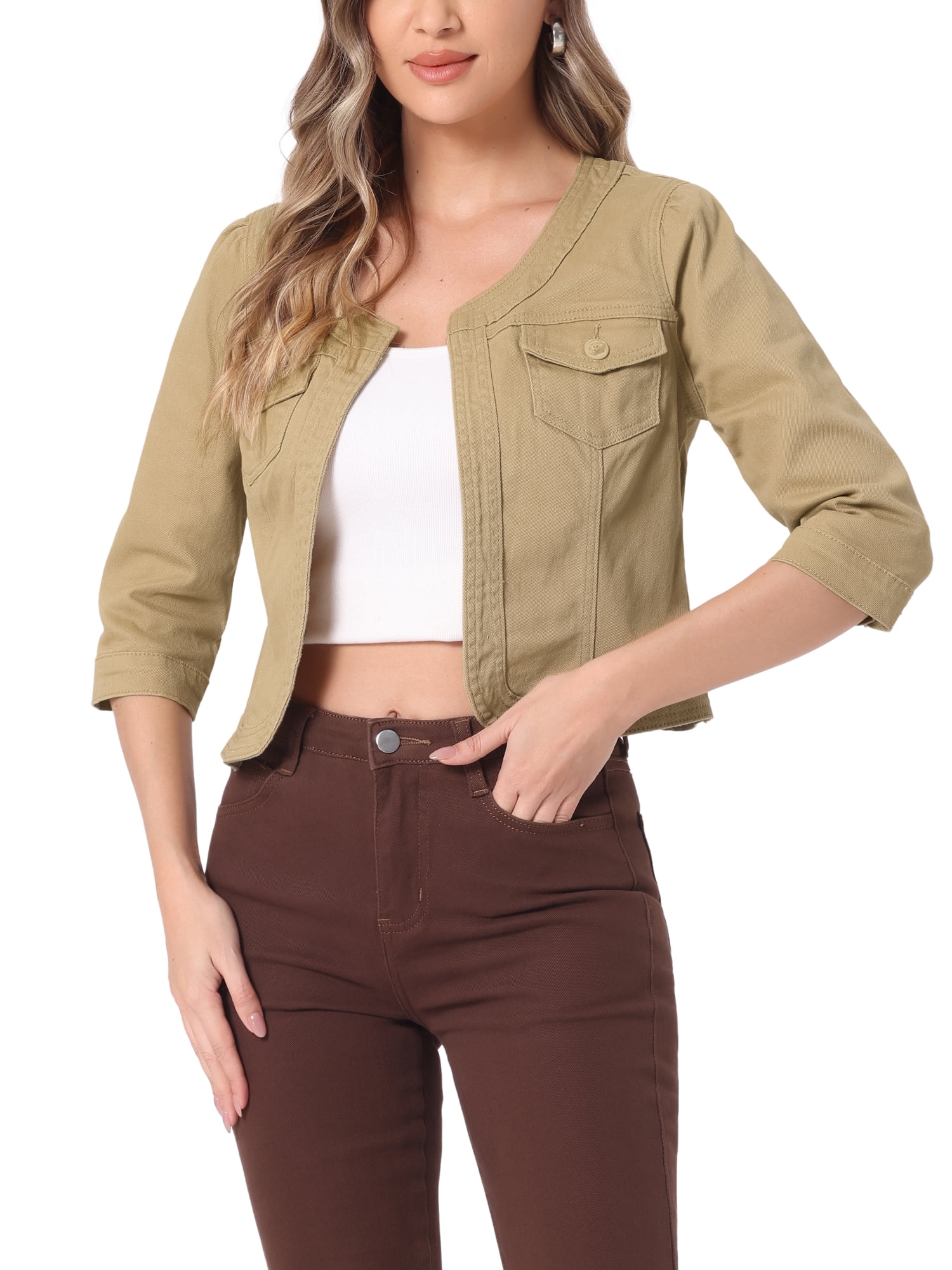 INSPIRE CHIC Women's Round Neck Collarless 3/4 Sleeves Crop Denim ...