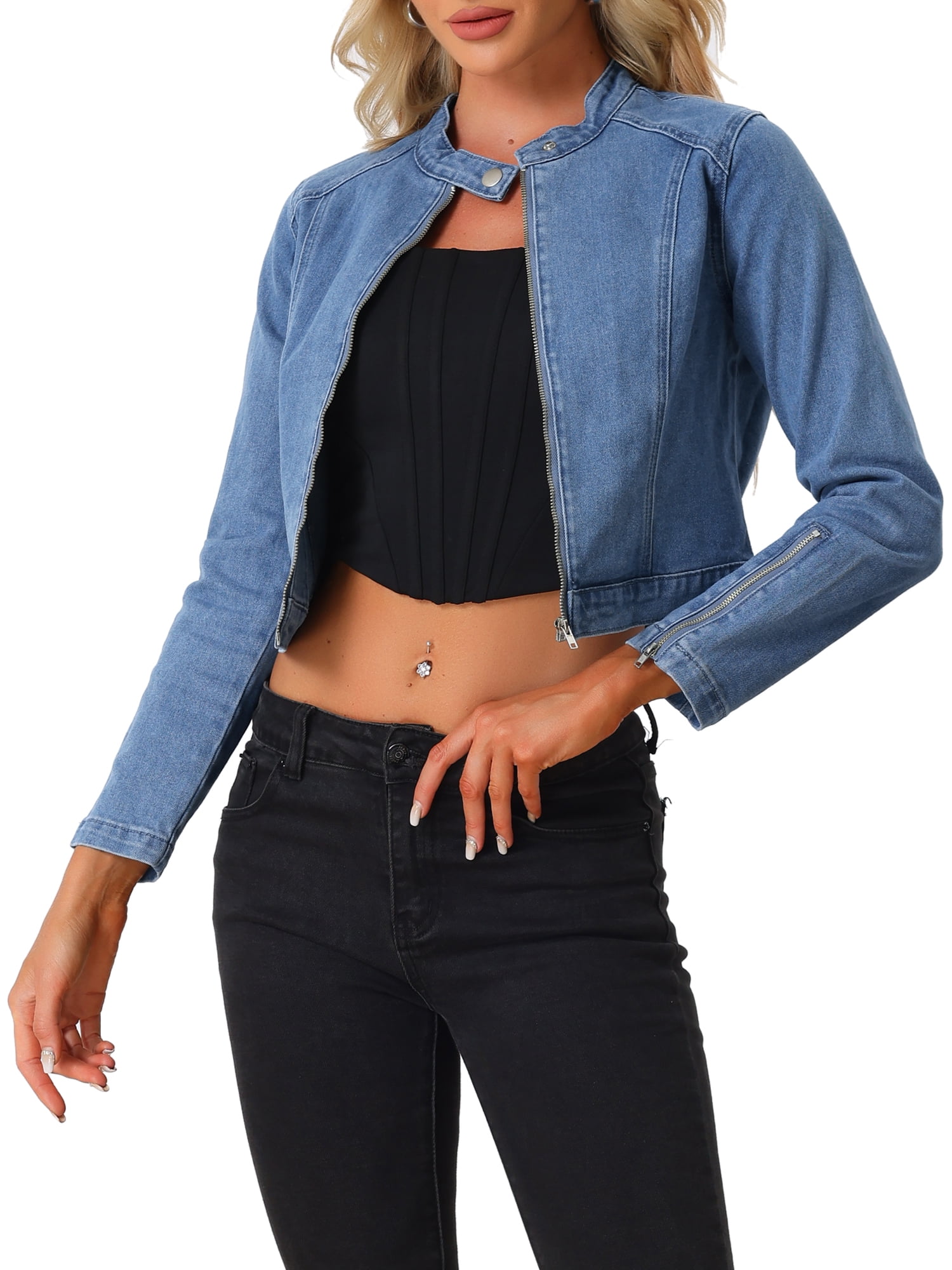 INSPIRE CHIC Denim Jacket for Women's Stand Collar Zip Up Motorcycle Biker Jean Jackets Blue S ...