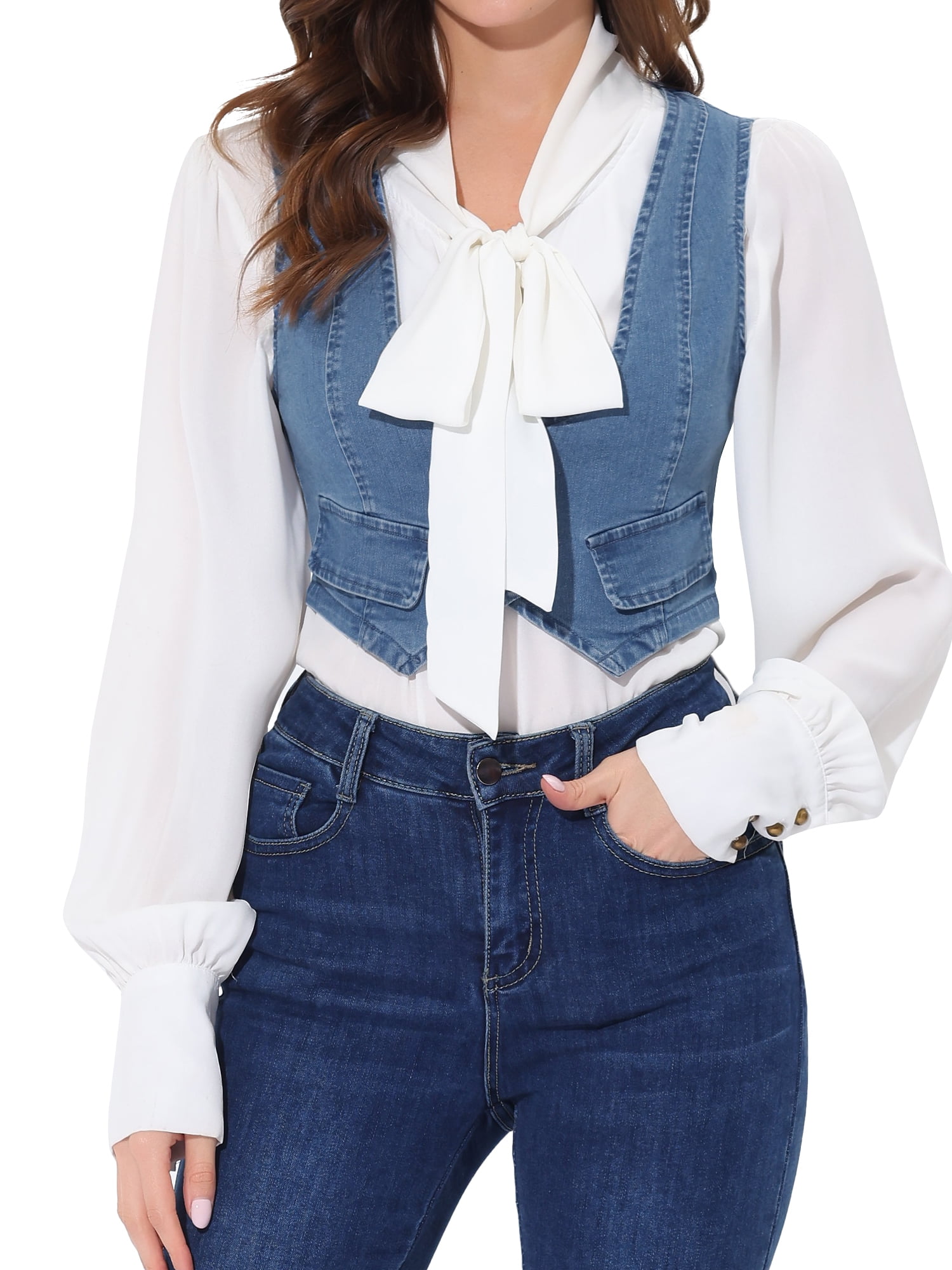 INSPIRE CHIC Women's Denim Button up Scoop Neck Sleeveless Coppped Vest ...