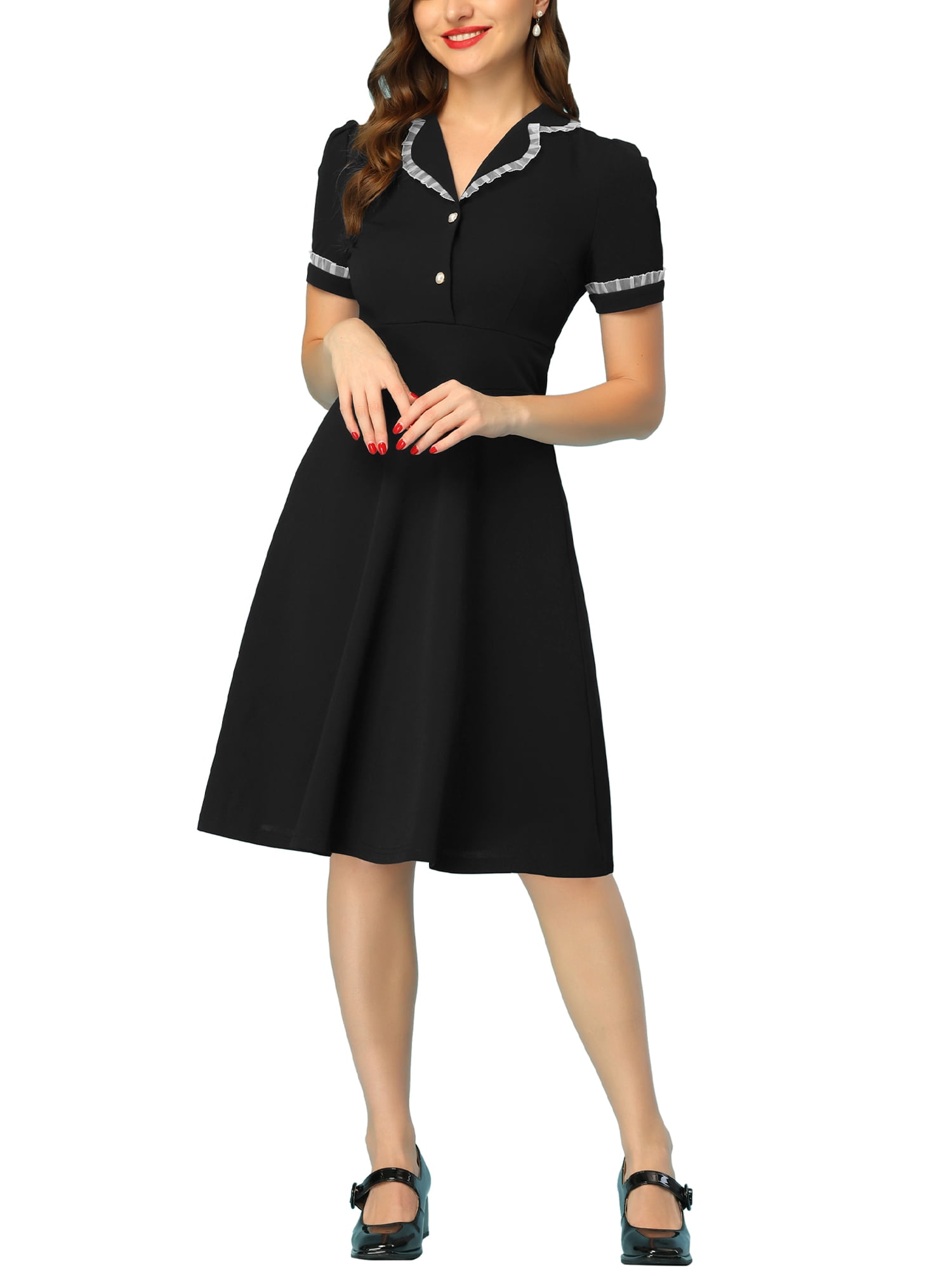 Allegra K Elegant Dress for Women's Ruffled Peter Pan Collar Midi ...