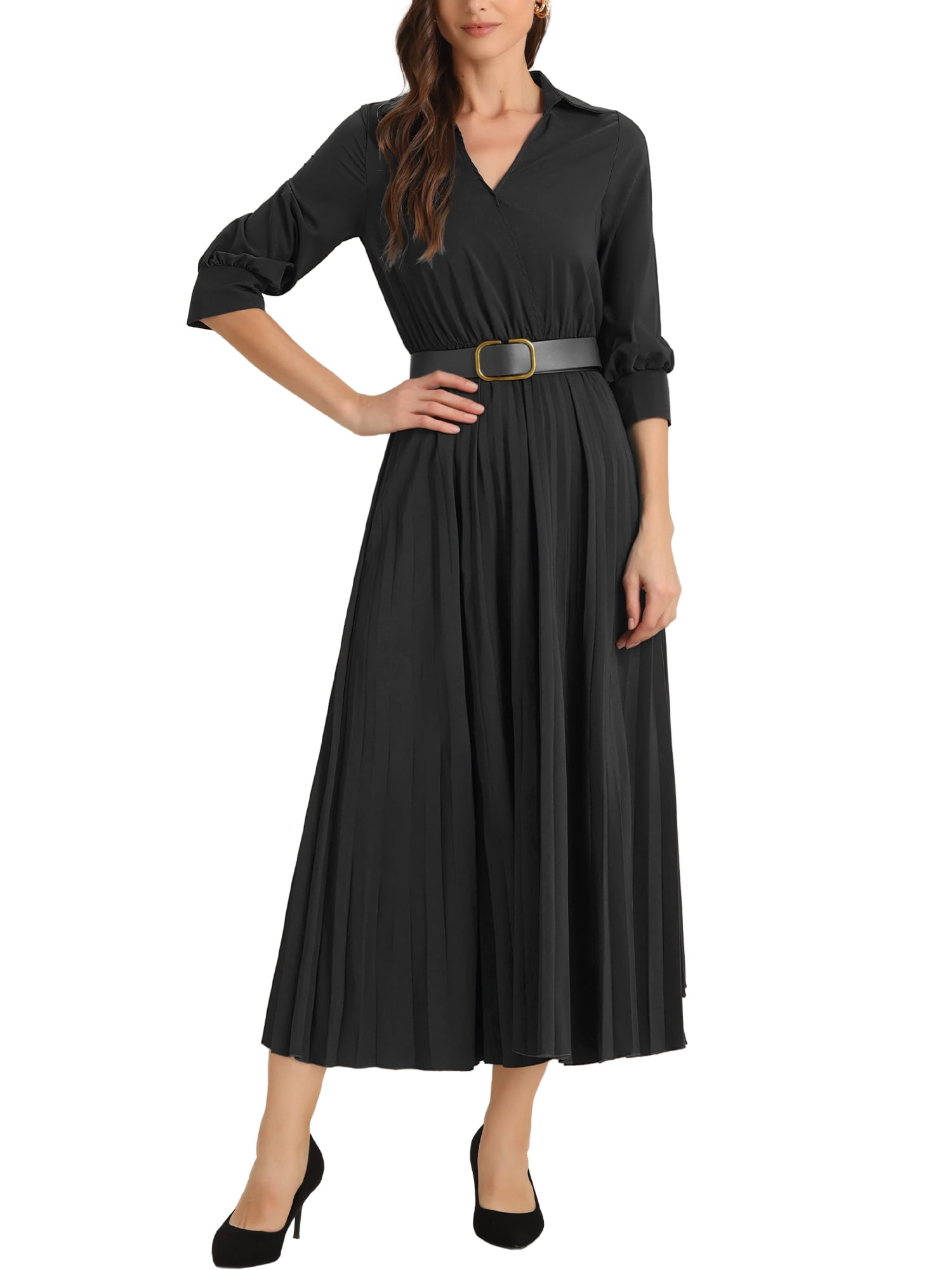 Allegra K Elegant Pleated Dress for Women's 3/4 Sleeves Collar V Neck ...