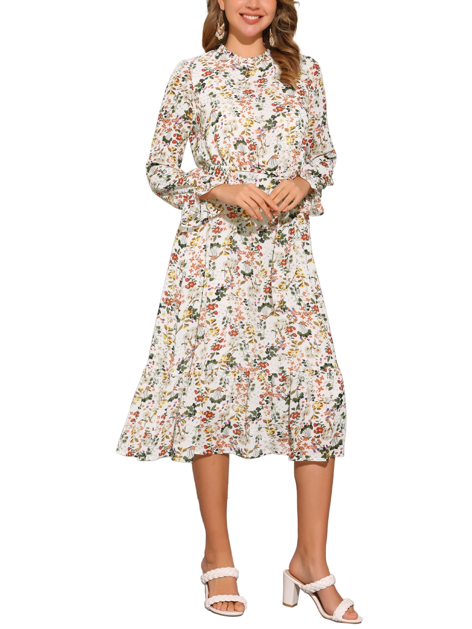 INSPIRE CHIC Women's Dress Floral Mock Neck Ruffle Long Sleeve Flowy ...