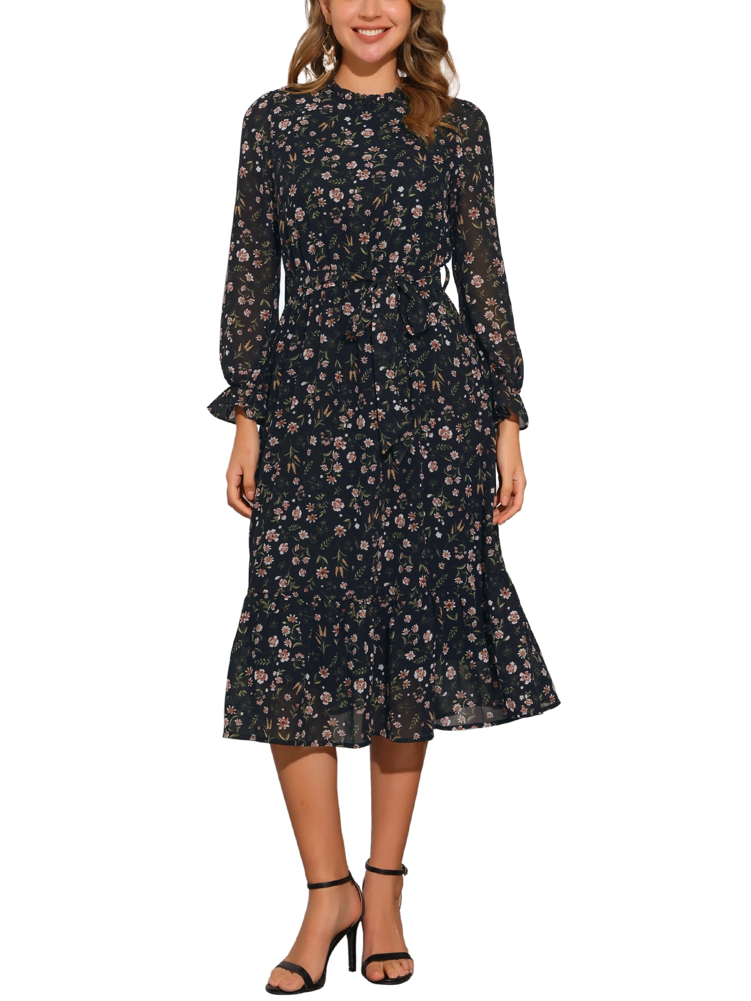 INSPIRE CHIC Women's Dress Floral Mock Neck Ruffle Long Sleeve Flowy ...