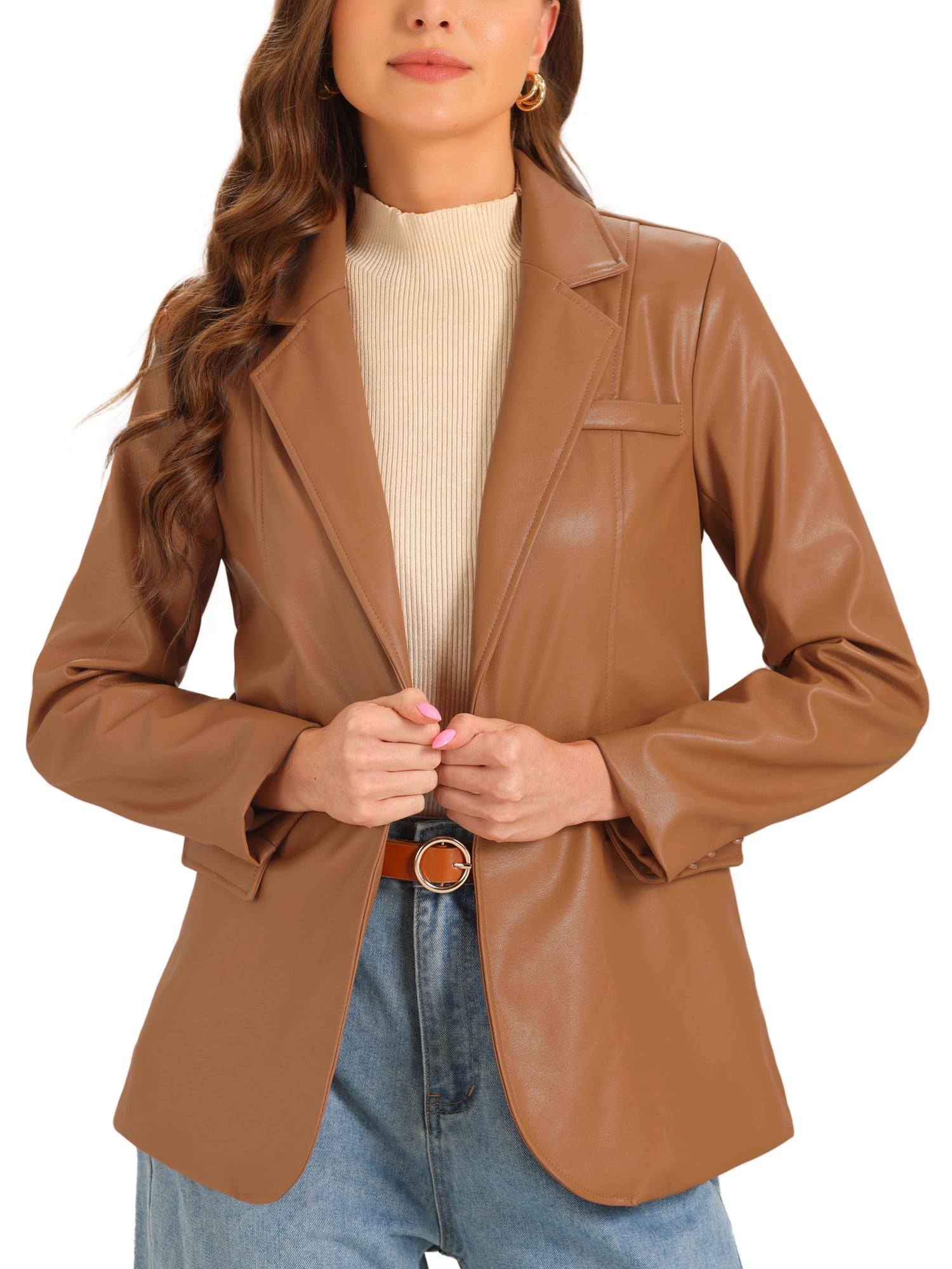Allegra K Faux Leather Blazer for Women's Lapel Collar PU Moto Biker ...