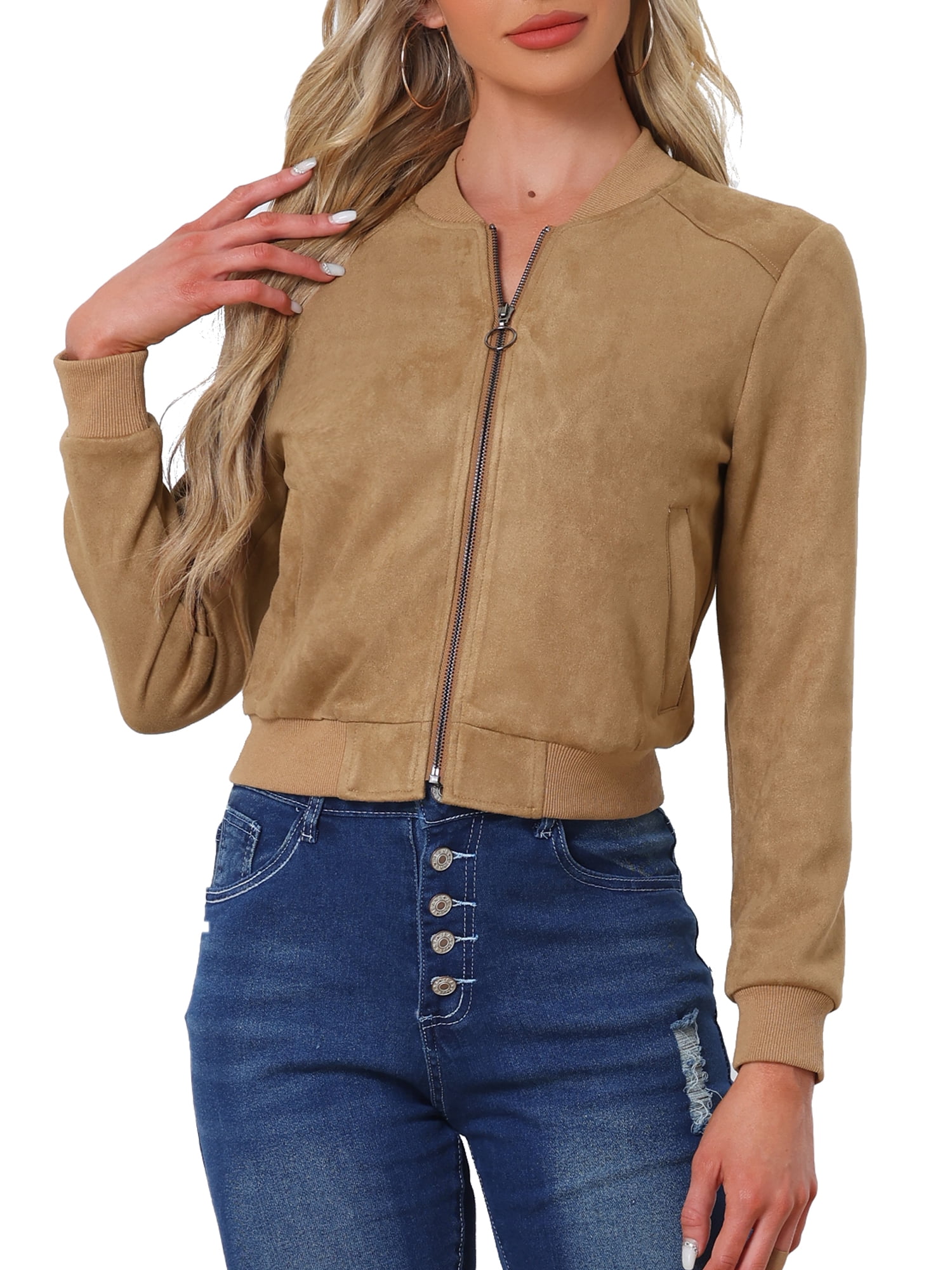INSPIRE CHIC Women's Jacket Faux Suede Cropped Coat Stand Collar Zip Up Biker Moto Bomber ...