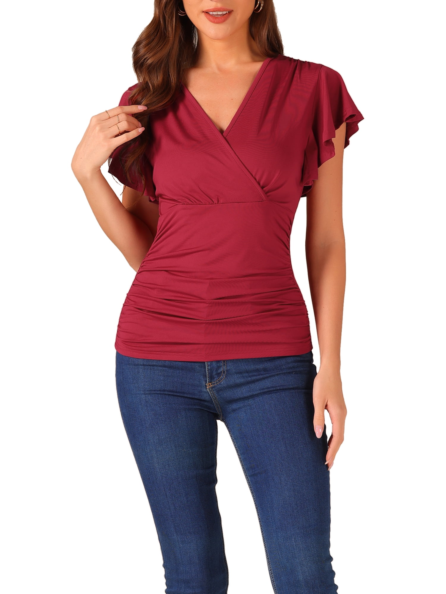 INSPIRE CHIC Faux Wrap Blouse for Women's Summer V Neck Ruffle Sleeve ...