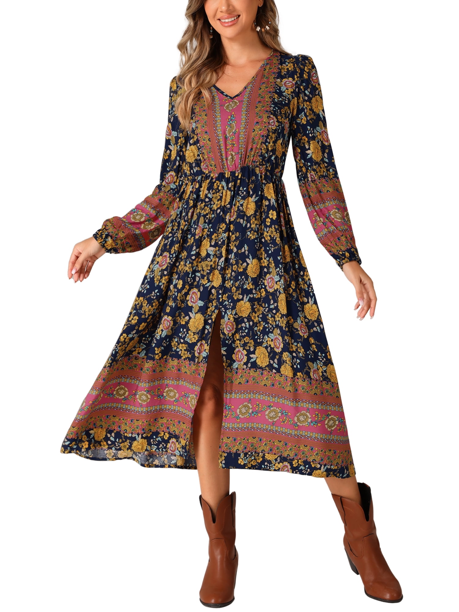 INSPIRE CHIC Floral Dress for Women's Long Sleeve V Neck Elastic Waist Split A-Line Summer Midi ...