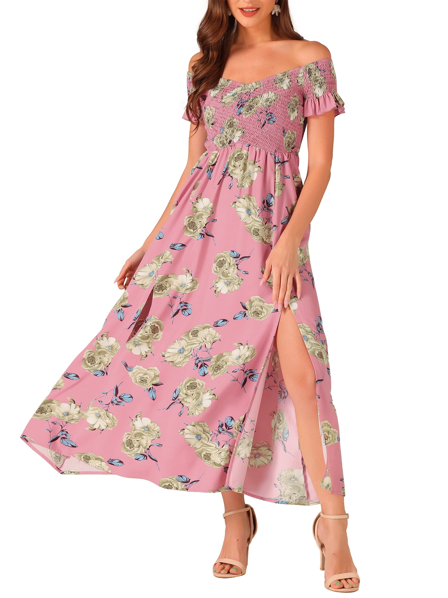 INSPIRE CHIC Floral Dresses for Women's Off Shoulder Midi Beach Summer ...