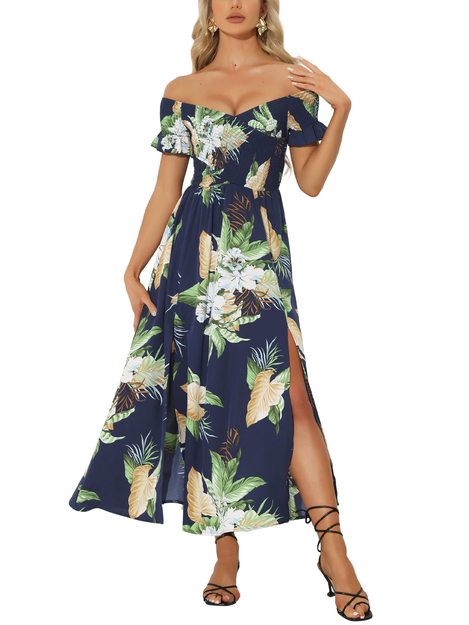 INSPIRE CHIC Floral Dresses for Women's Off Shoulder Midi Beach Summer ...