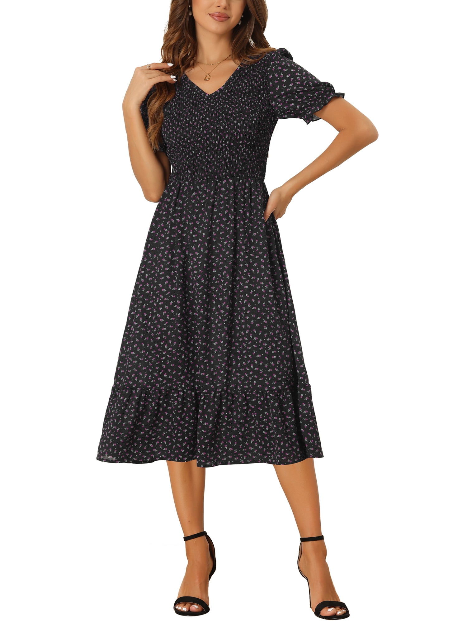 INSPIRE CHIC Floral Dresses for Women's Smocked Puff Short Sleeves V ...