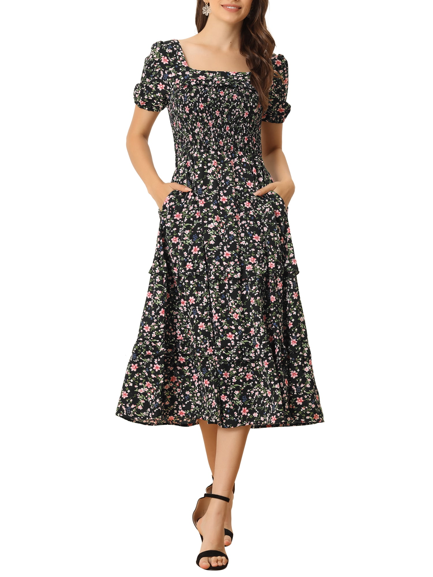 INSPIRE CHIC Floral Dresses for Women's Square Neck Smocked Ruffle ...