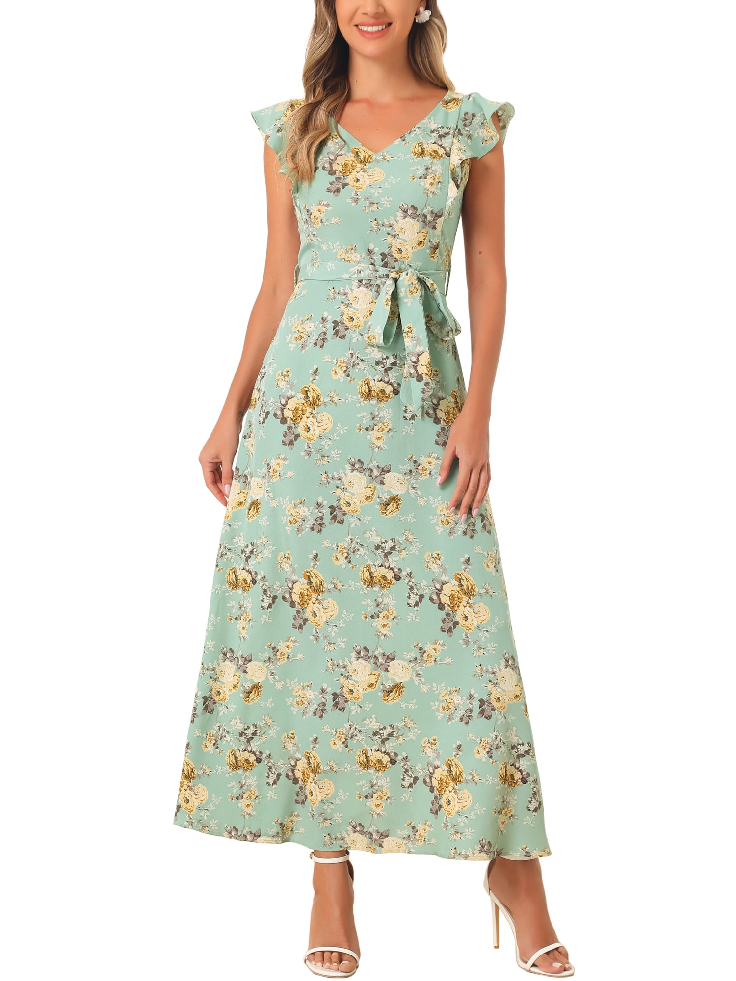 INSPIRE CHIC Floral Dresses for Women's V-neck Cap Sleeves with Belt ...