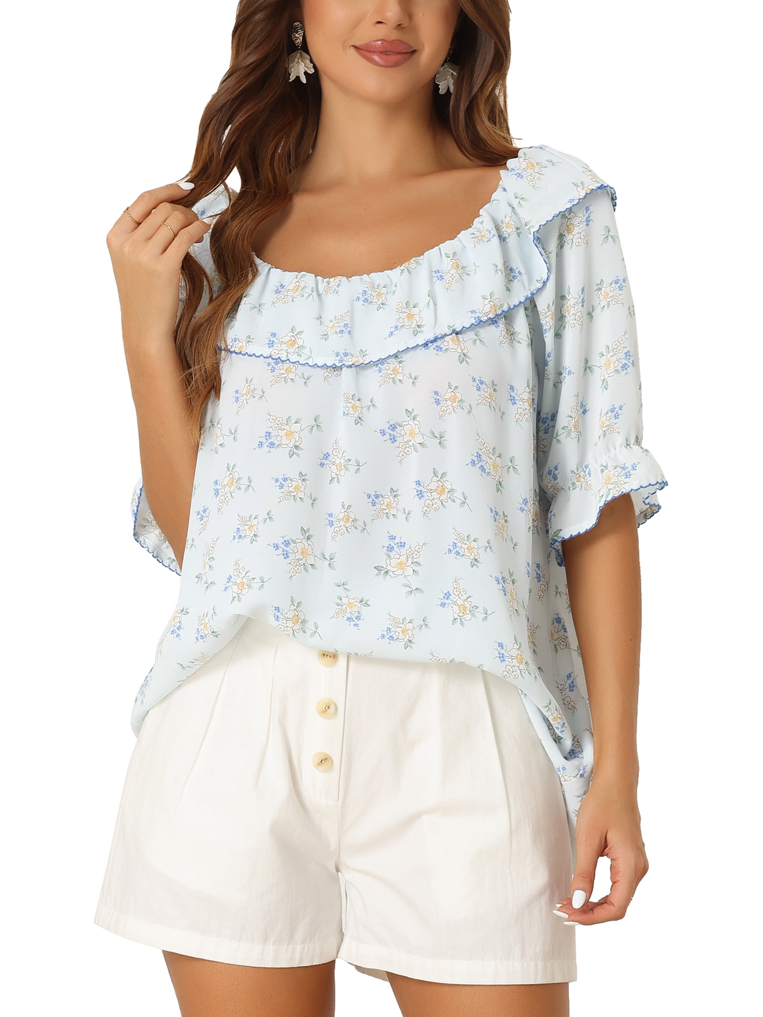 Allegra K Floral Tops for Women's Smocked Ruffled Round Neck Half Puff ...