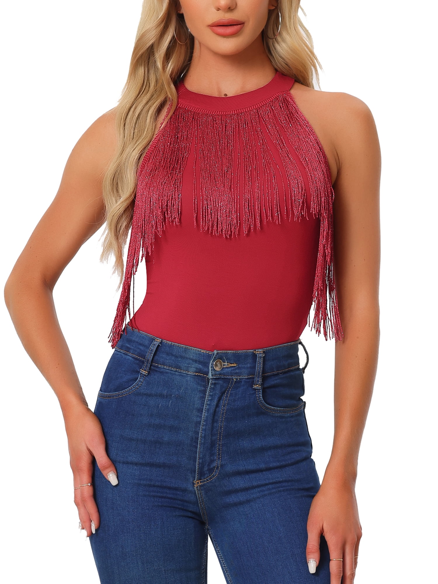 Allegra K Fringe Trim Bodysuit for Women's One Piece Sleeveless Halter ...