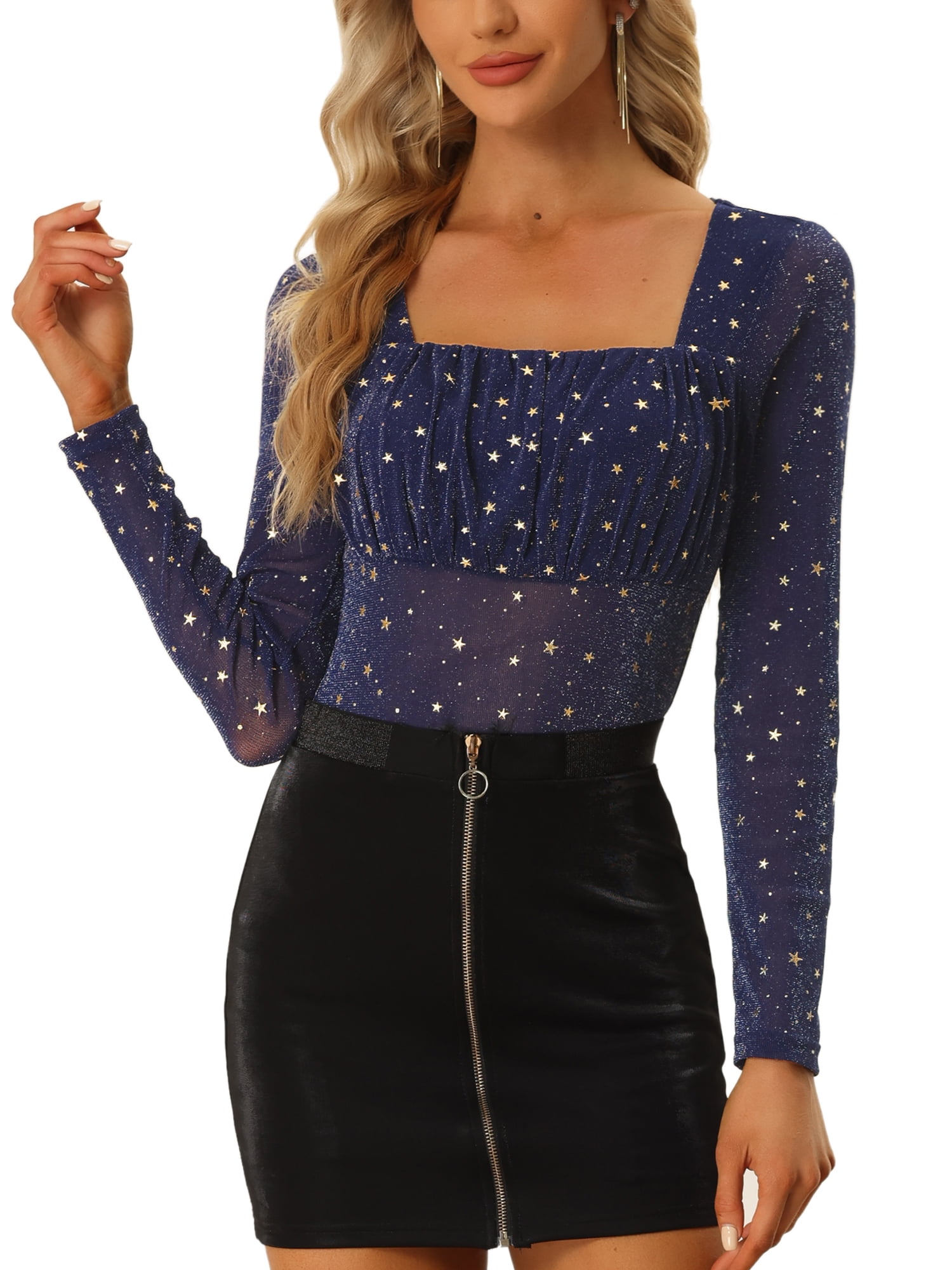 Allegra K Glitter Sheer Mesh Top for Women's Square Neck Ruched ...