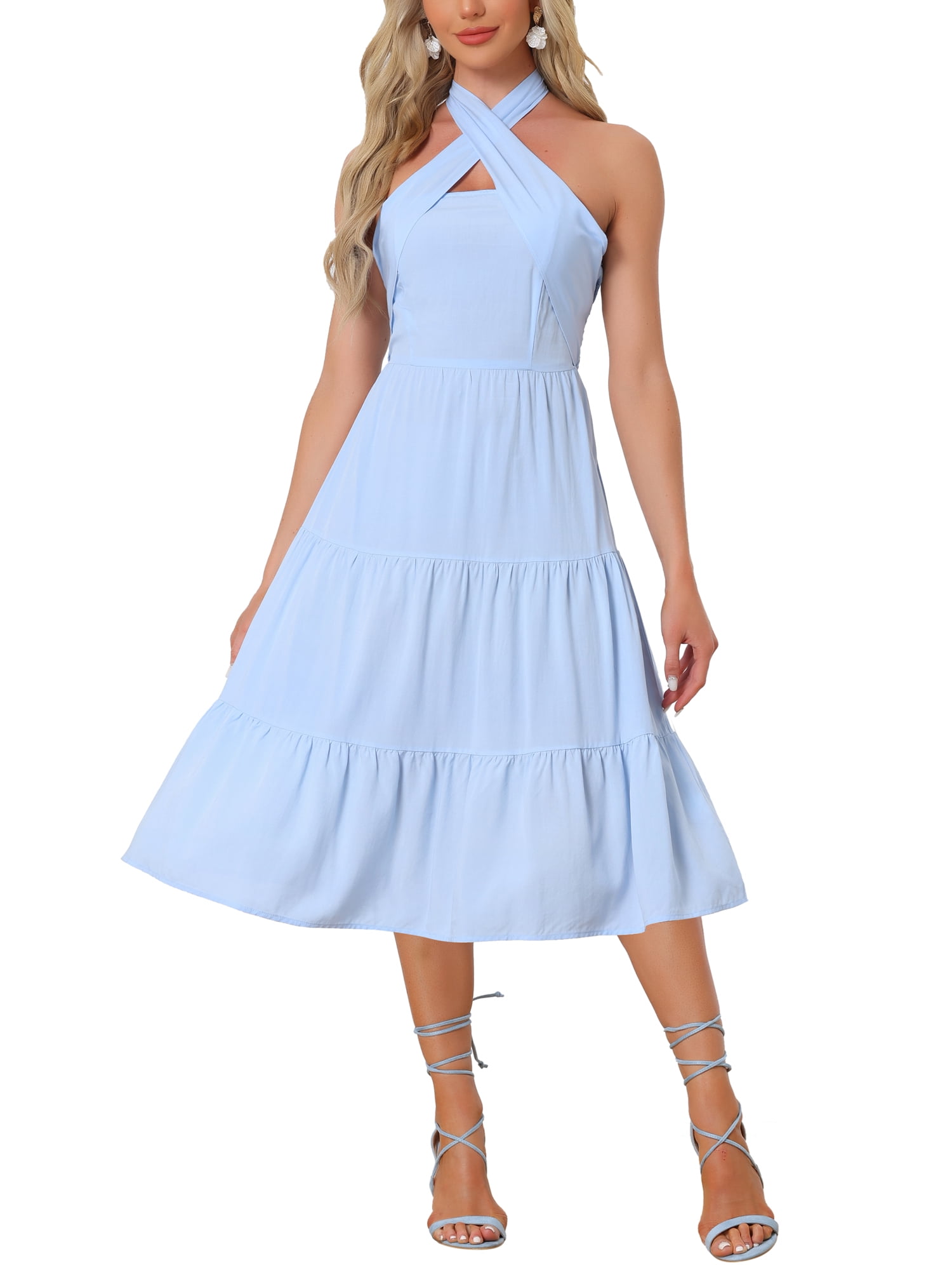 INSPIRE CHIC Halterneck Smocked Dress for Women's Sleeveless Tie Slim ...