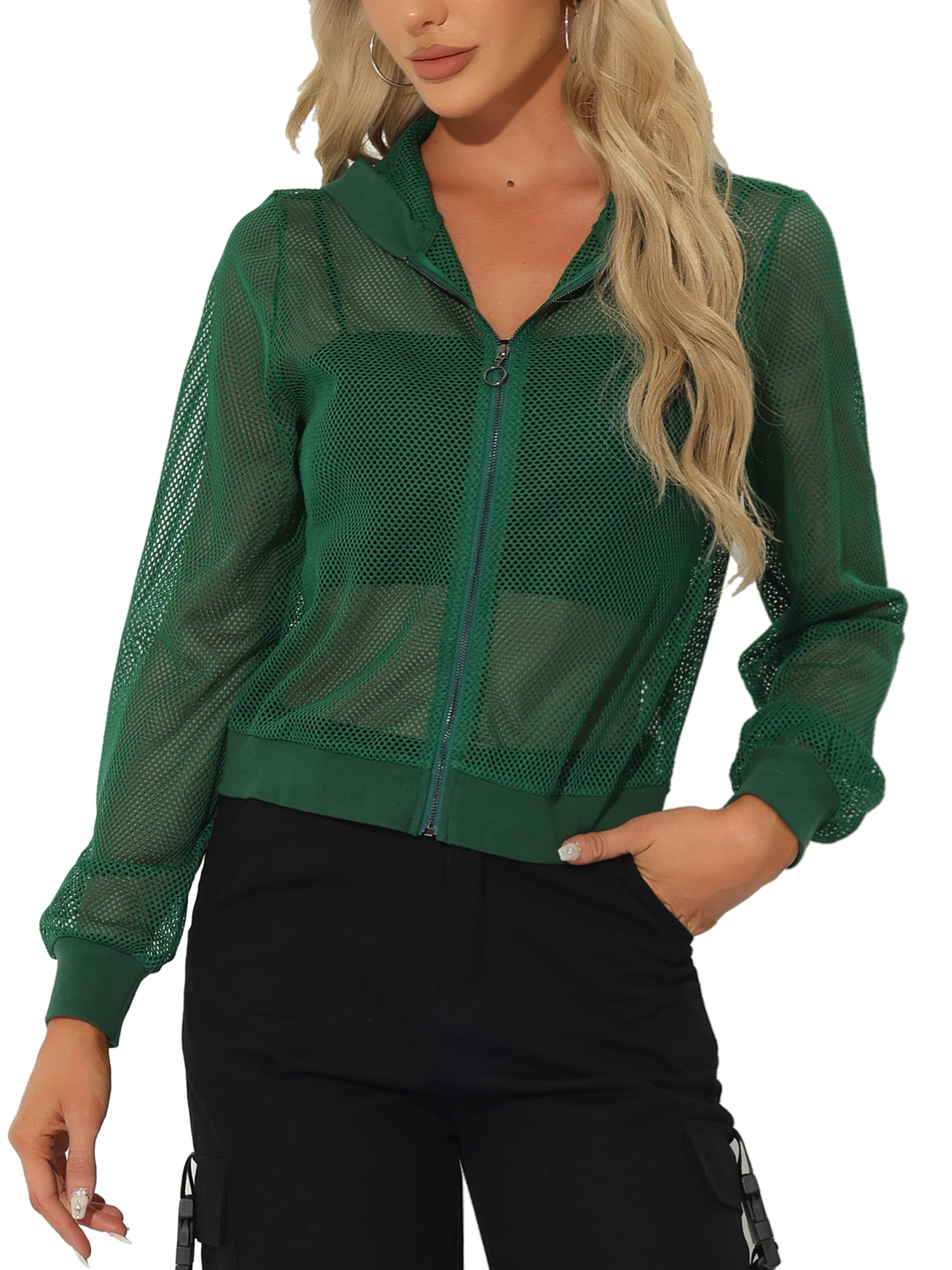 INSPIRE CHIC Ribbed Cuffs Jacket for Women Hoodie Mesh Bomber Jacket M ...