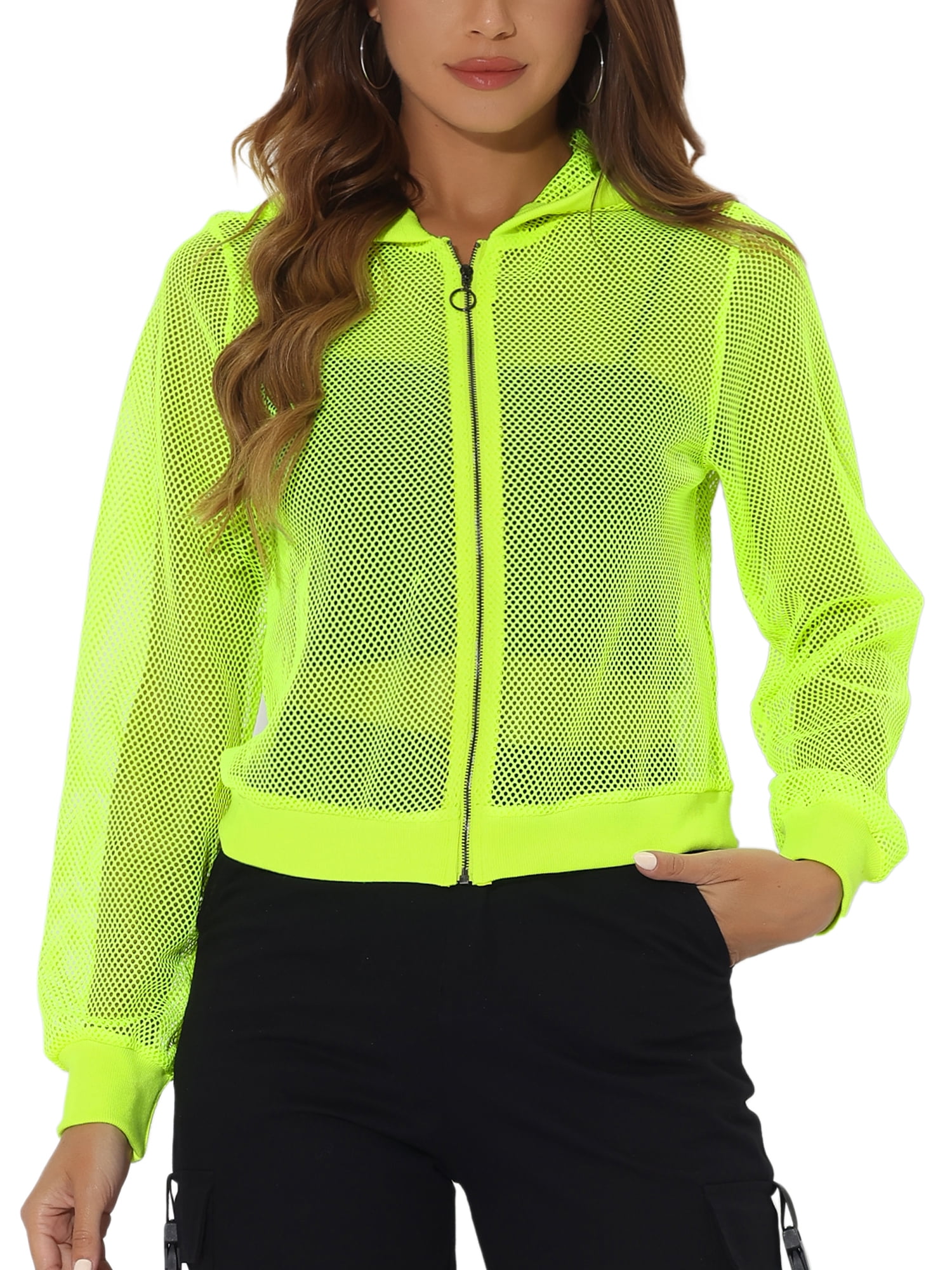 INSPIRE CHIC Ribbed Cuffs Jacket for Women Hoodie Mesh Bomber Jacket XL ...