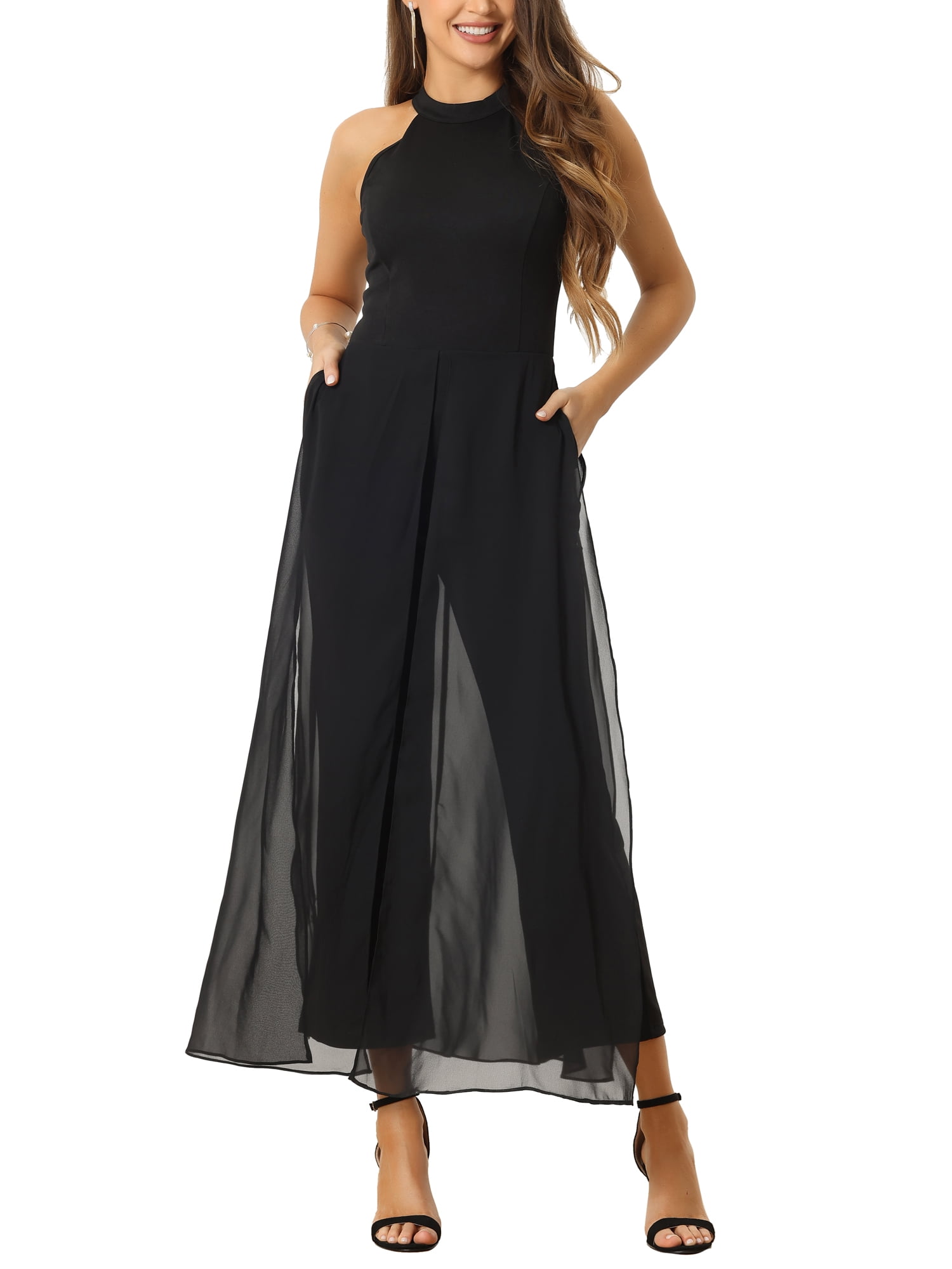 Allegra K Jumpsuits for Women's Sleeveless Halter Neck Belted Elegant ...