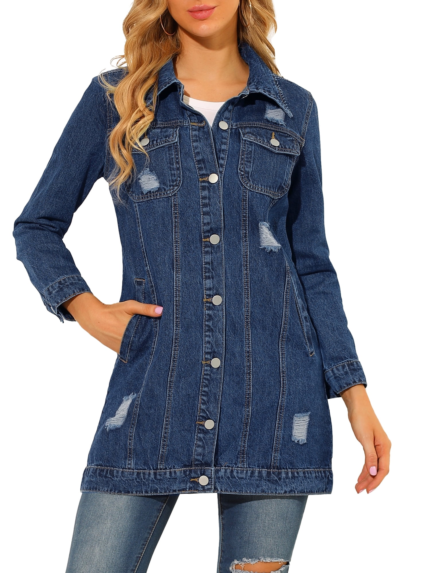 Allegra K Juniors Casual Long Sleeve Button Down Long Distressed Denim ...