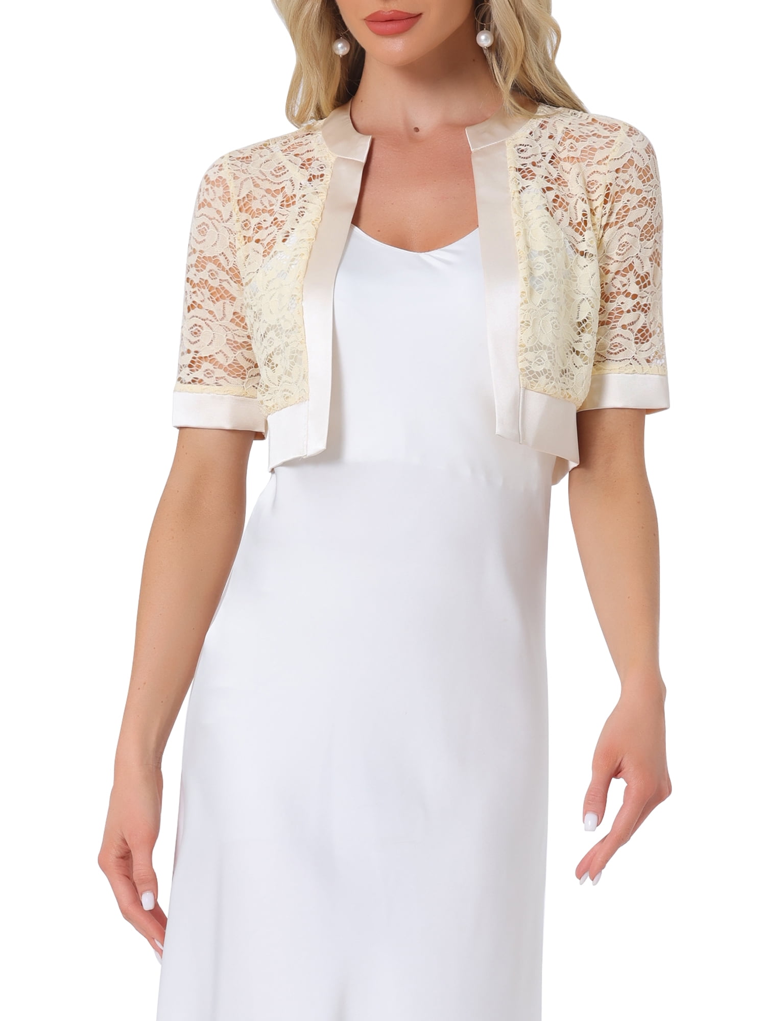 INSPIRE CHIC Bolero Shrug for Women's Satin Panel Short Sleeve Lace ...