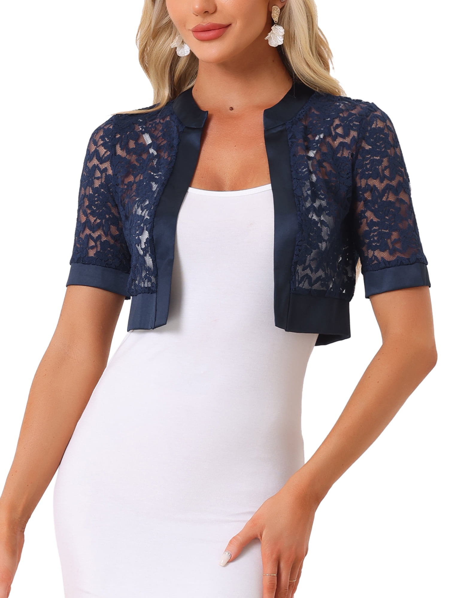 INSPIRE CHIC Women's Bolero Shrug Satin Panel Short Sleeves Lace Open ...